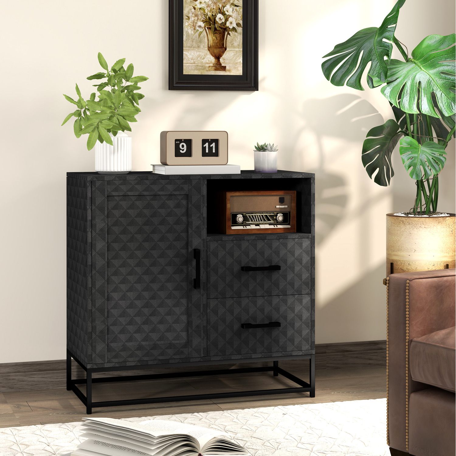 HOMCOM Sideboard Cabinet with Adjustable Shelf and Open Compartment
