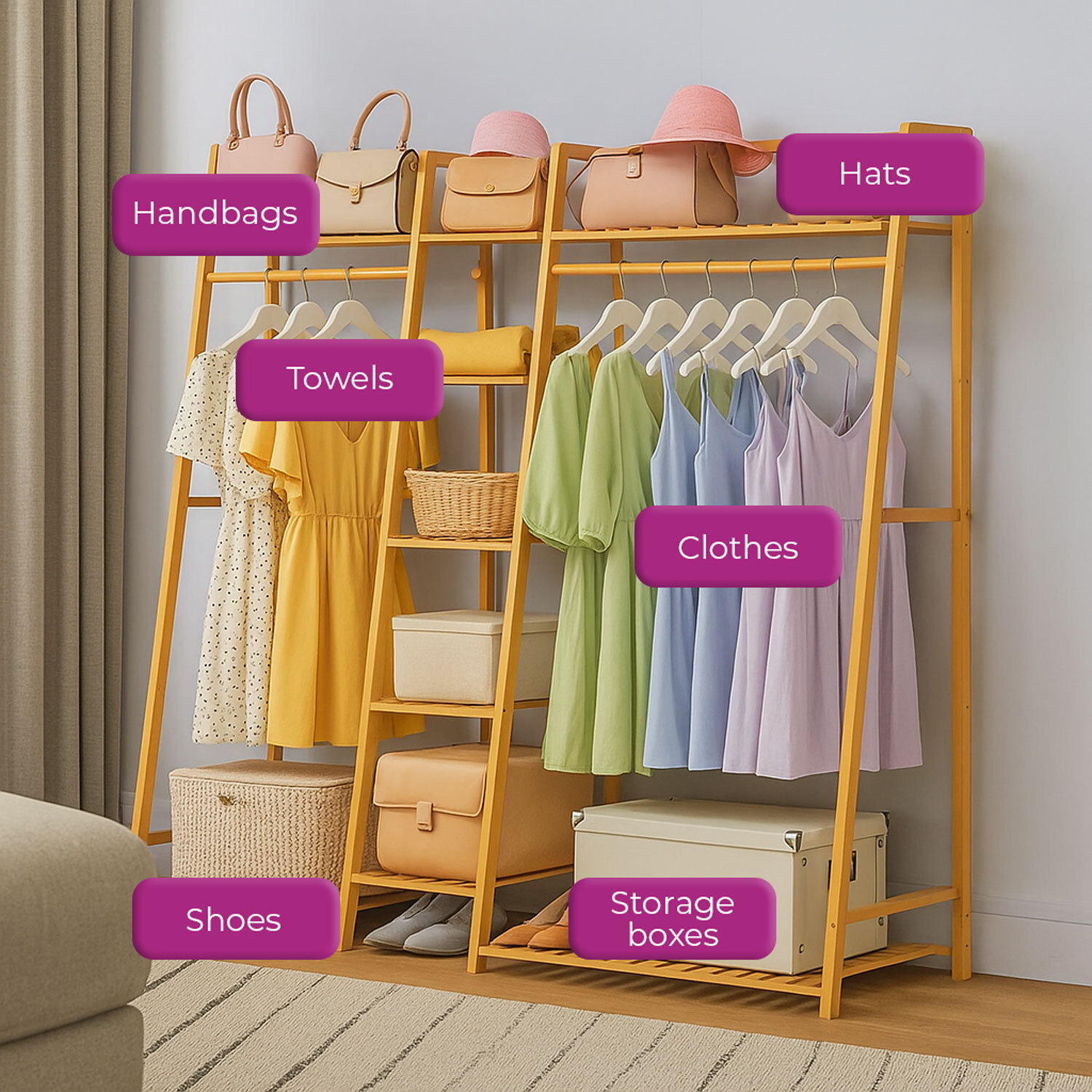 Neo Natural Bamboo Freestanding Open Clothes Rail and Shelves
