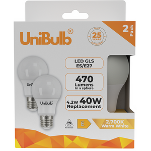 UniBulb LED GLS E27 ES 470lm 2700K Pack of 2