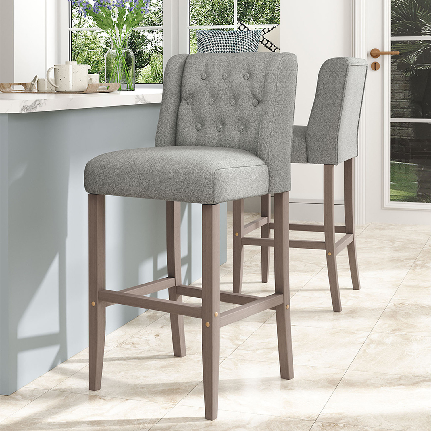 Set of 2 Linen Tufted Bar Stools