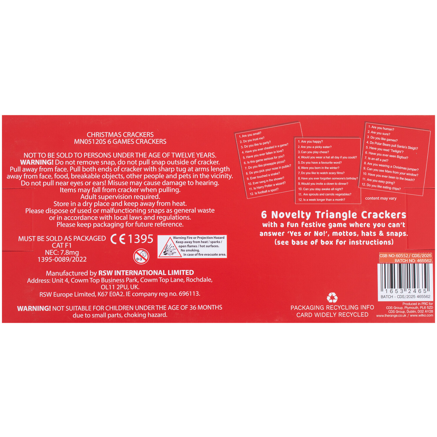 Pack of 6 Novelty Triangle Crackers