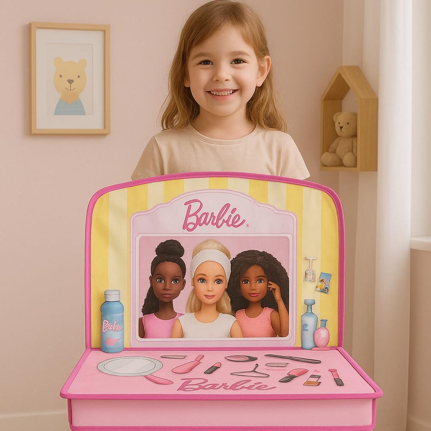 Barbie Doll Storage Vanity Chest - 2-in-1 Foldable Storage Box Playset