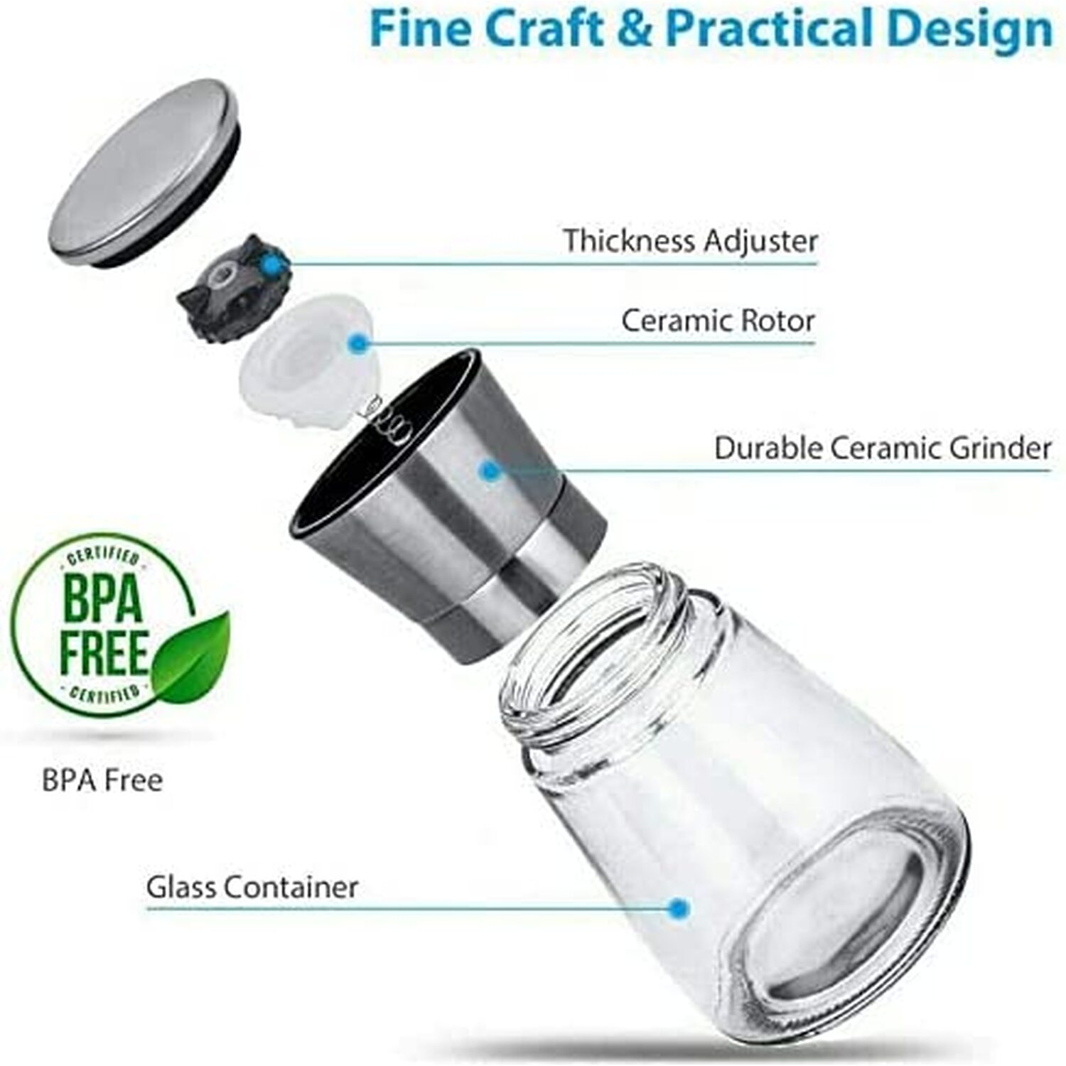 Salt and Pepper Grinder Set Stainless Steel Glass Shaker Blade Grinder