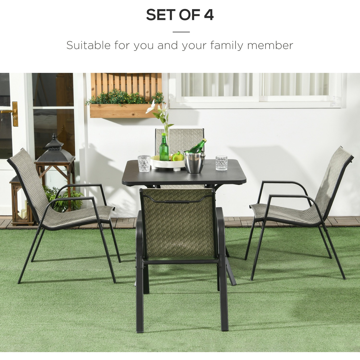 Rattan Garden Chairs Set of 4, Stackable Outdoor Armchair