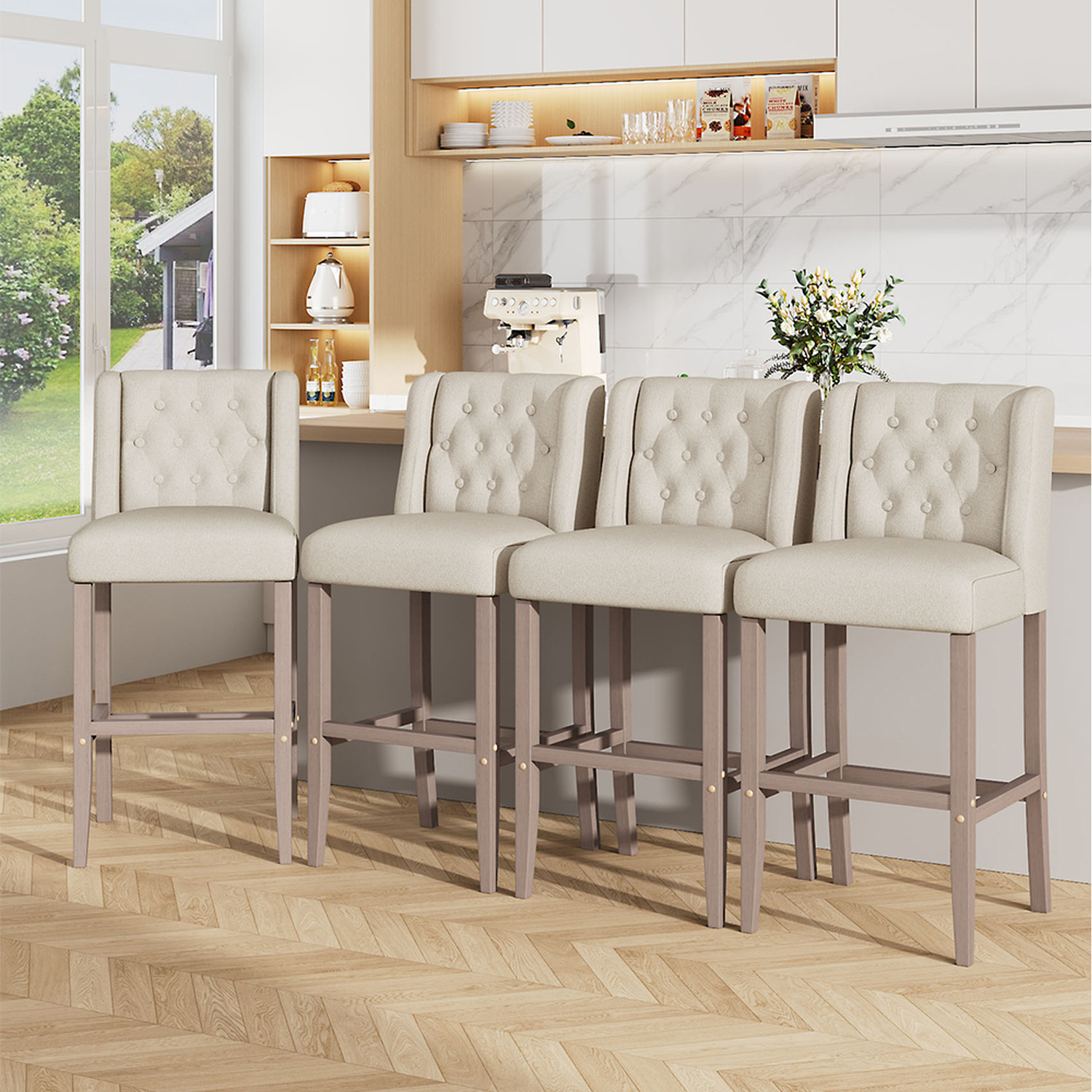 Set of 2 Linen Tufted Bar Stools