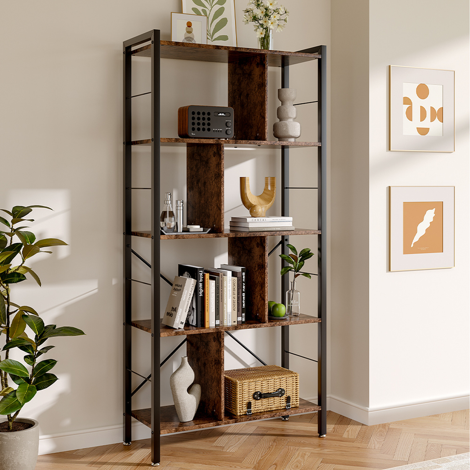 5-shelf Open Bookcase with Dividers