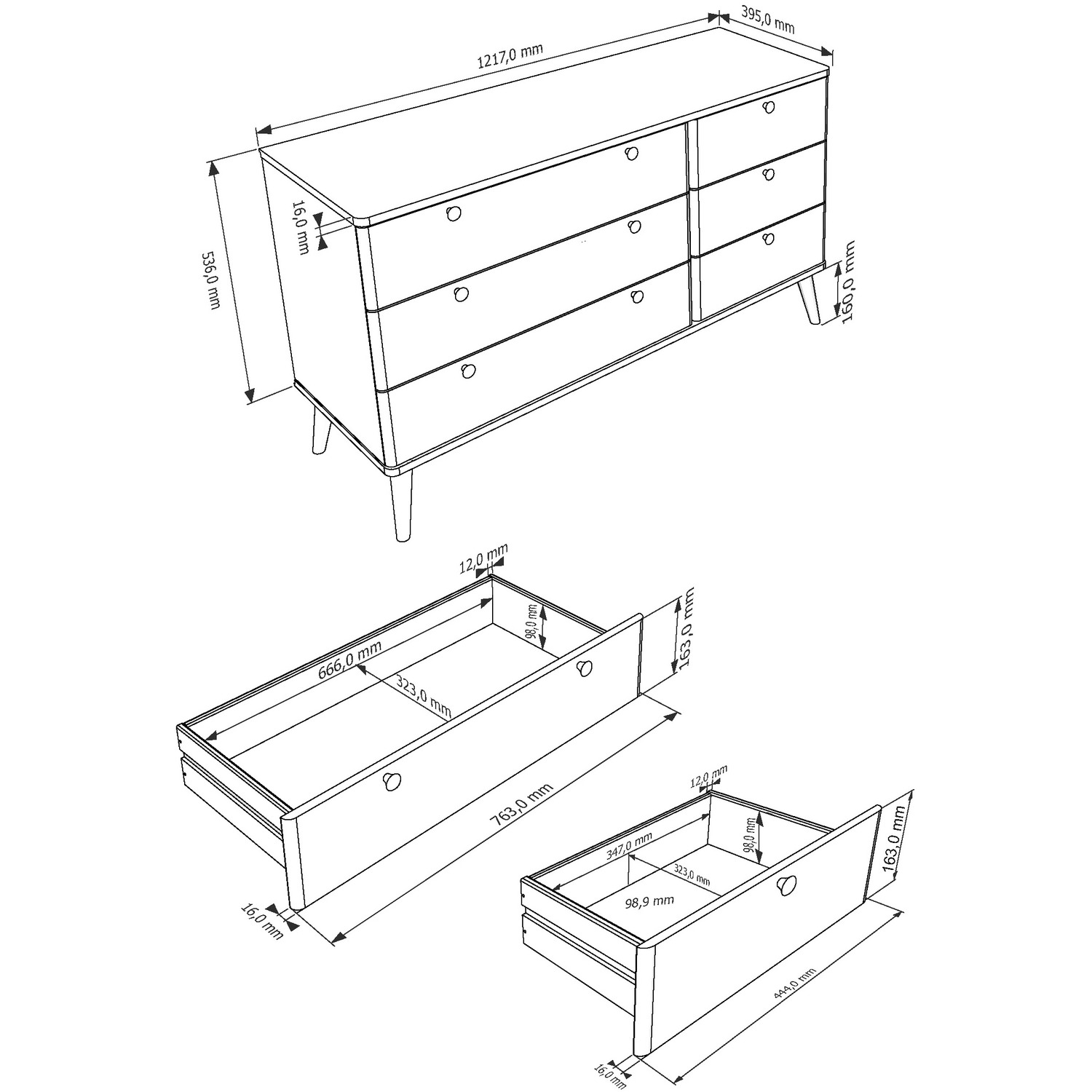 Augusta White 3 plus 3 Drawer extra wide Chest of Drawers