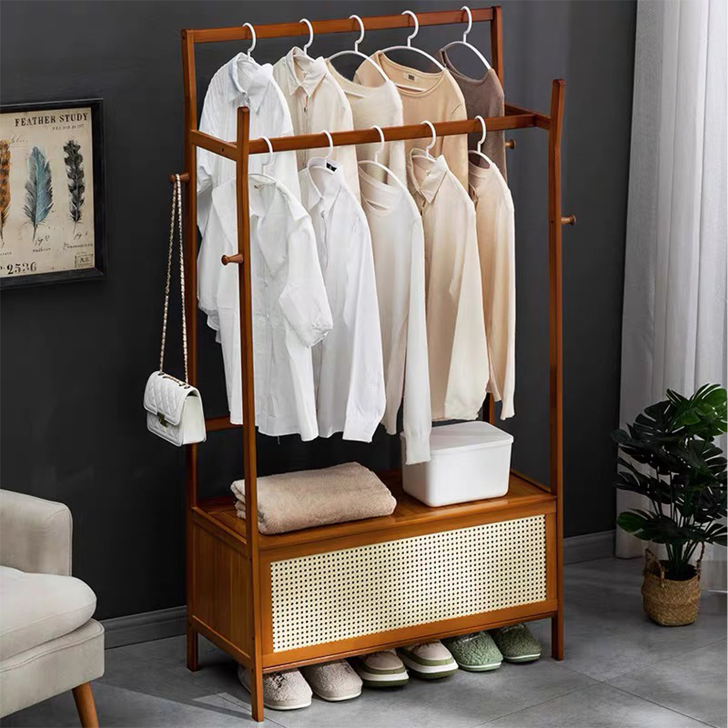 Wooden Double Rod Coat Rack with Storage Box
