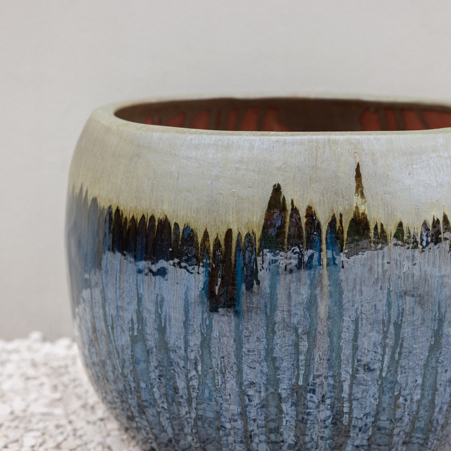 Glazed Round Outdoor Clay Planter in Two Tone Blue and Gold