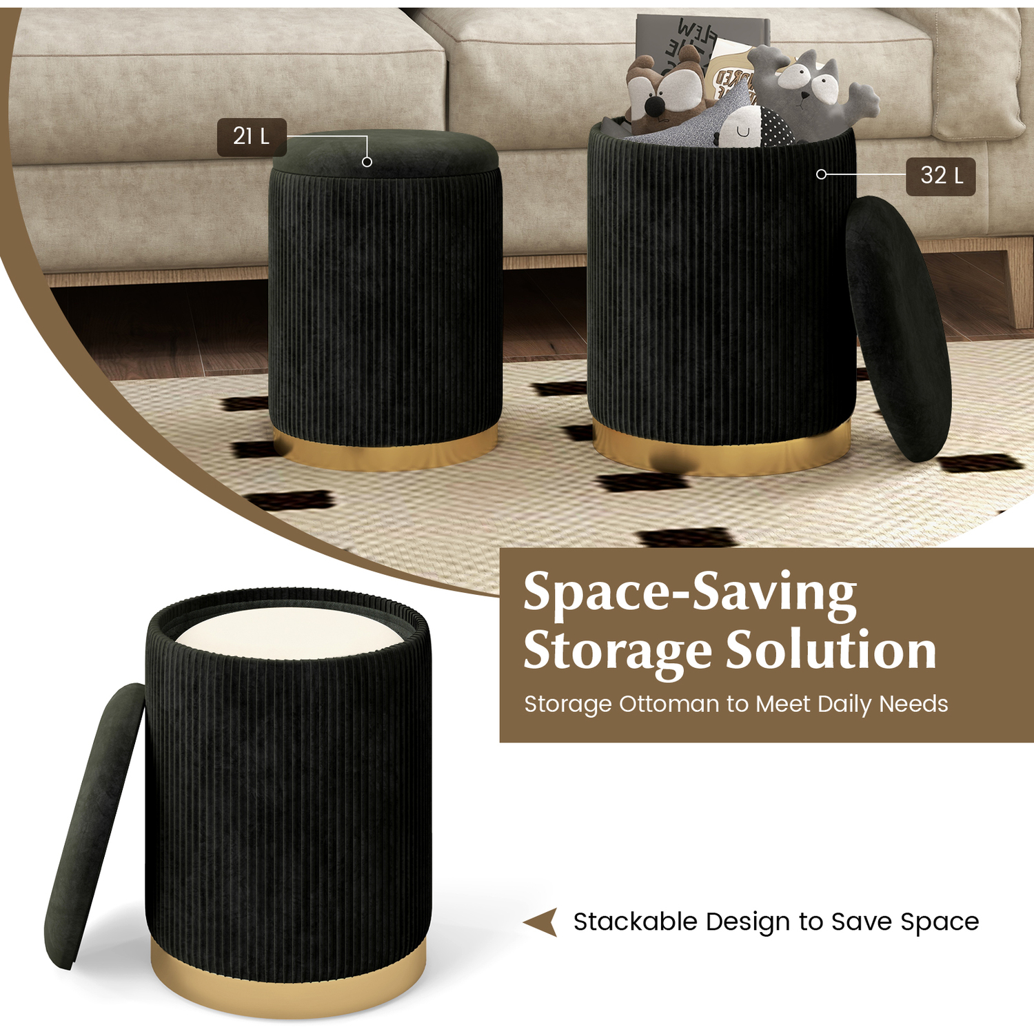 Set of 2 Velvet Storage Ottomans