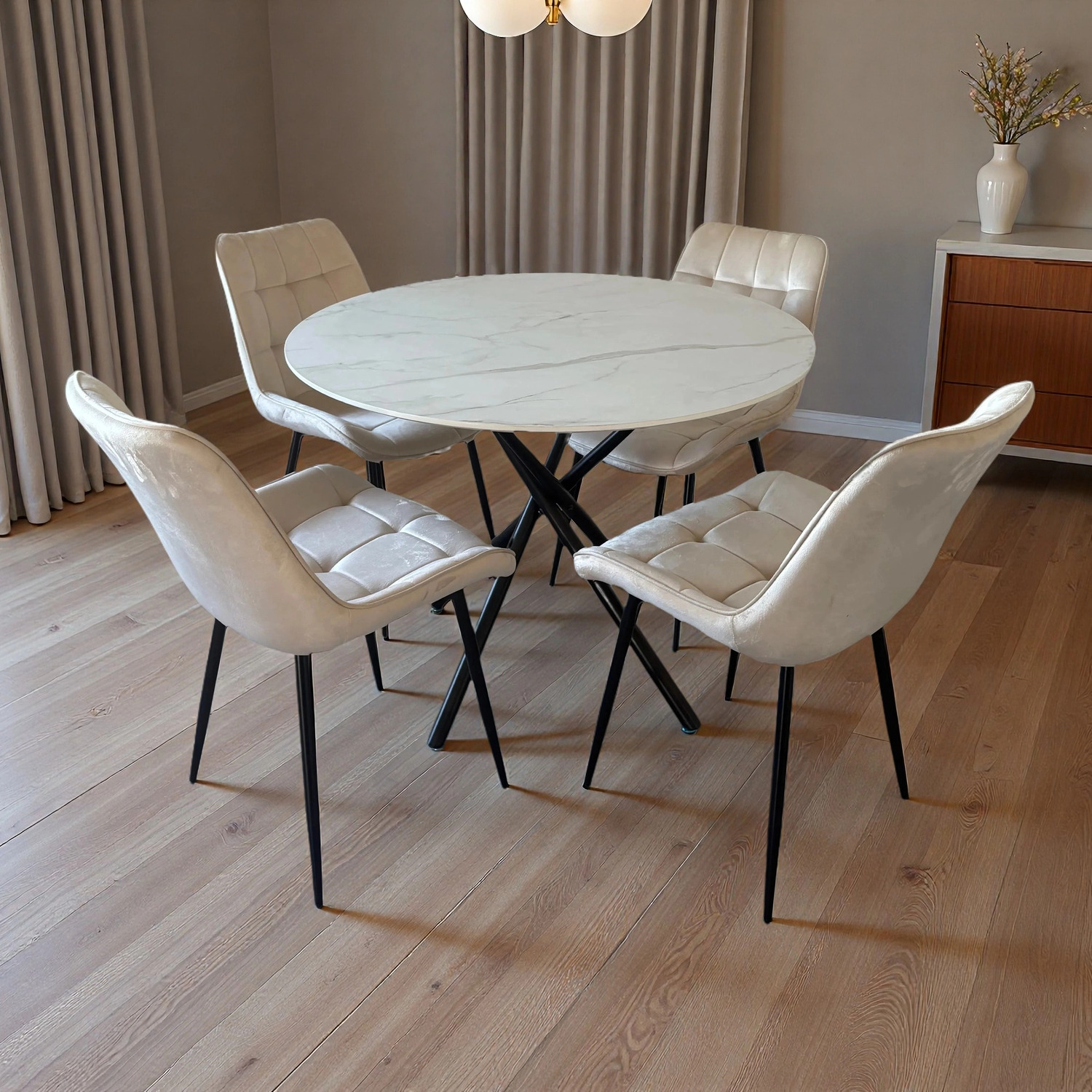 Seattle Dining Table with 4 Erica Velvet Chairs