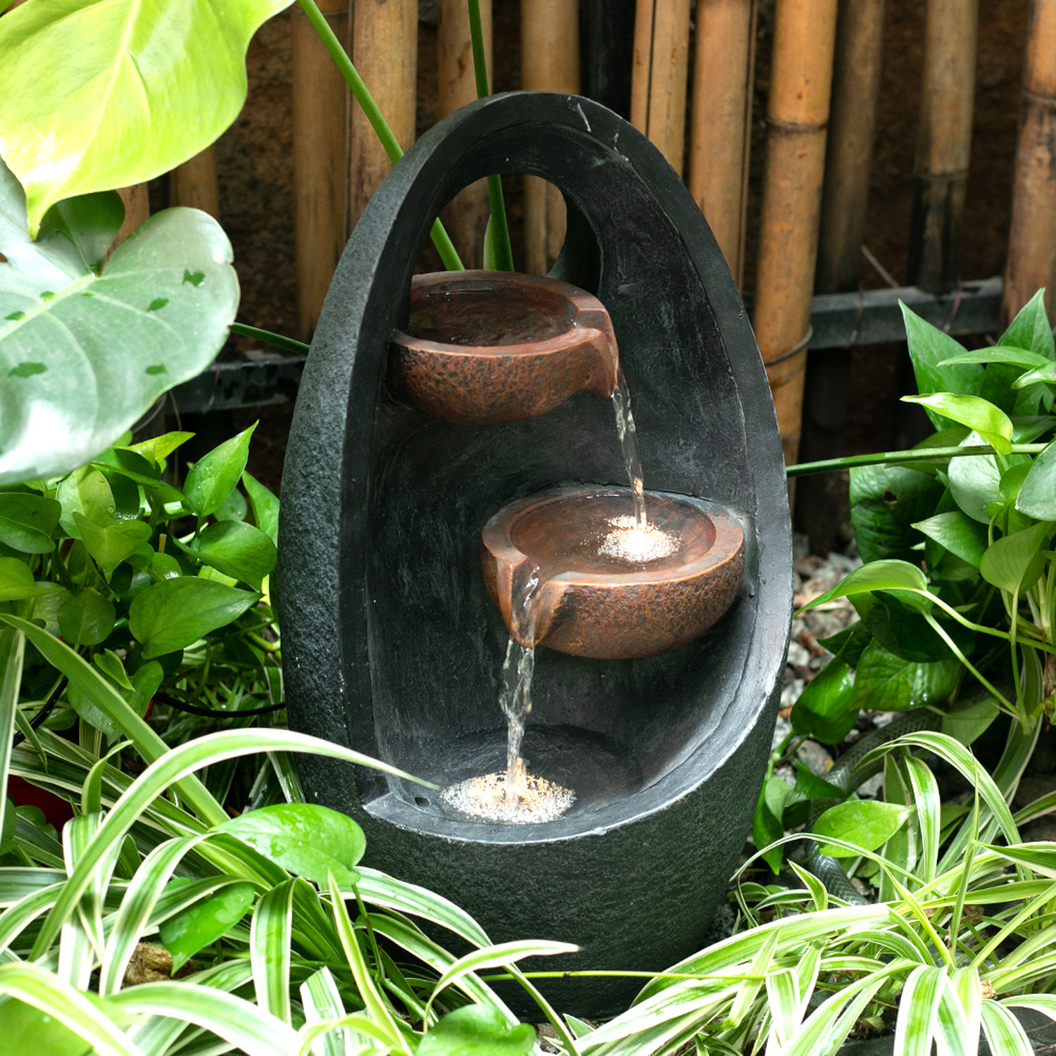Outdoor Egg Shell Water Polo Fountain with 2 Warm Light Single Lamps