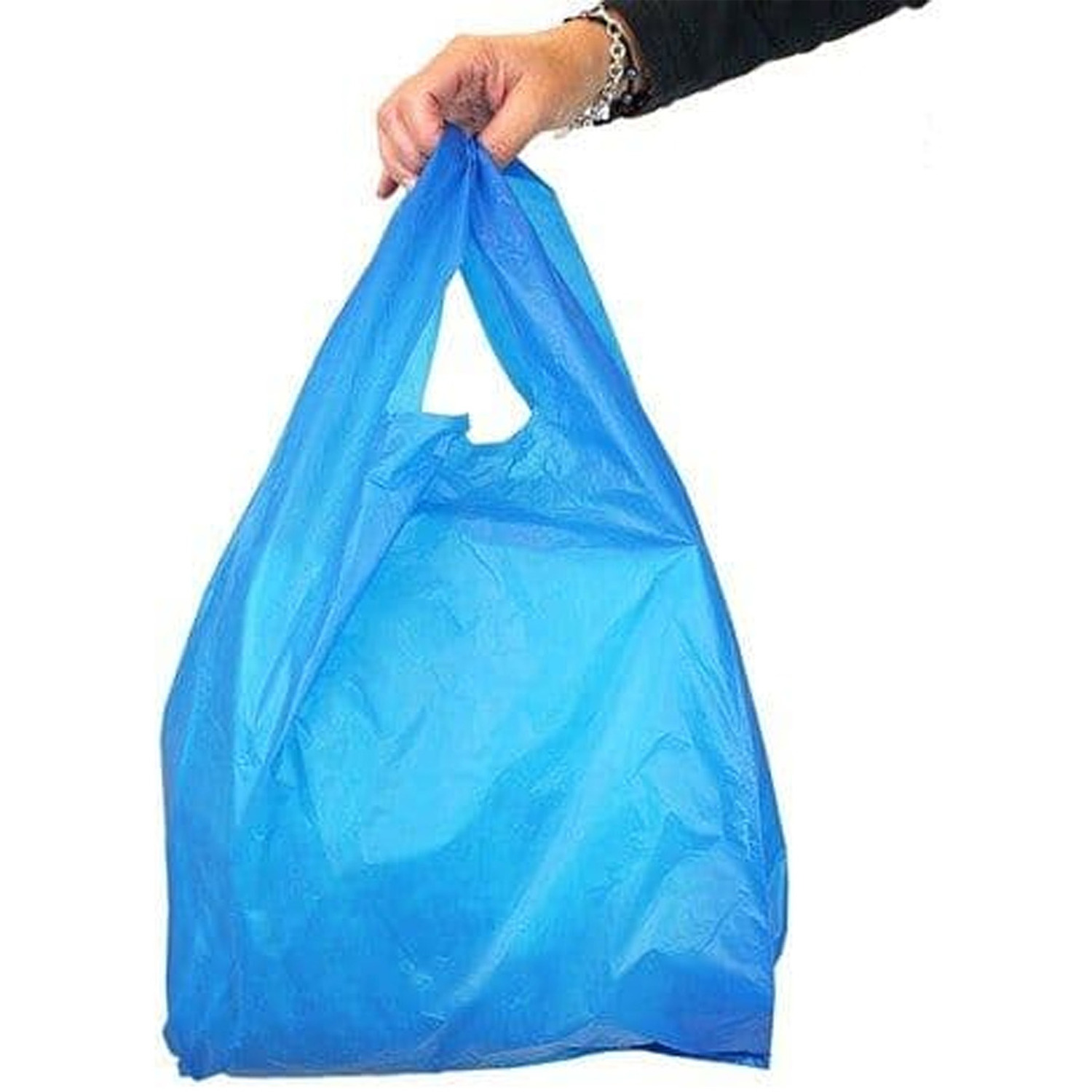 100 x Blue 11 x 17 x 21" Plastic Vest Style Shopping Carrier Bags
