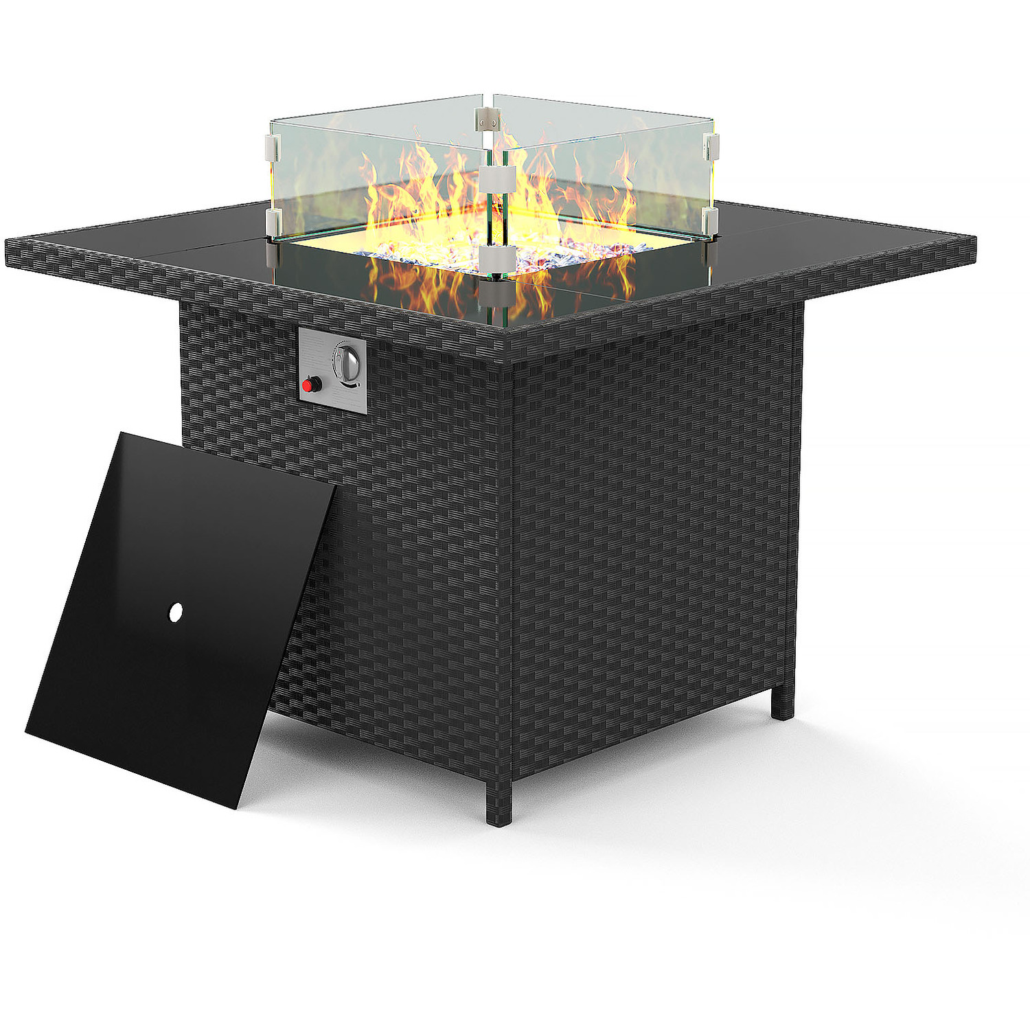 Gas Fire Pit with Glass Tabletop and Rattan Pattern Steel Base