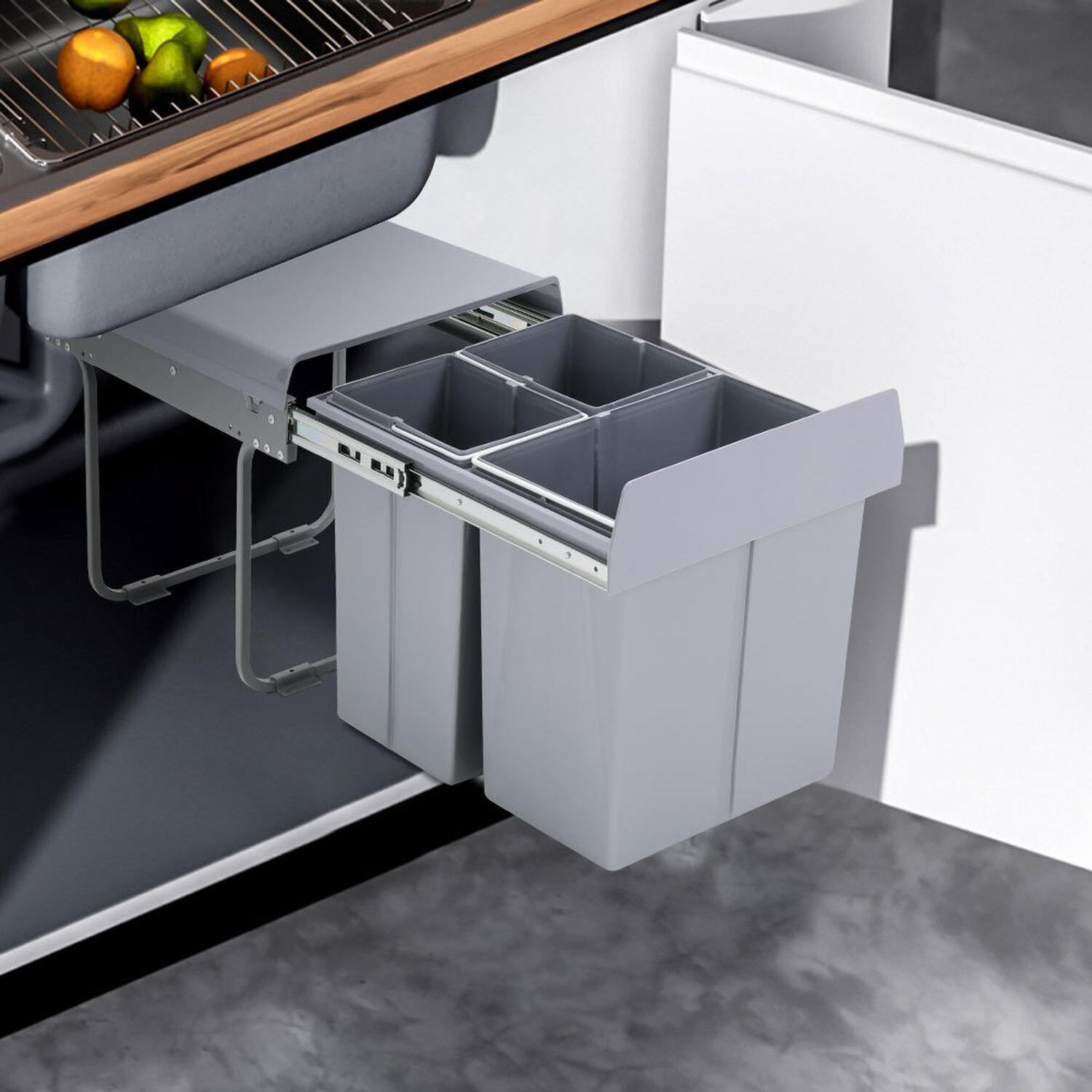 Integrated Recycling Pull Out Kitchen Waste Bin, 40L