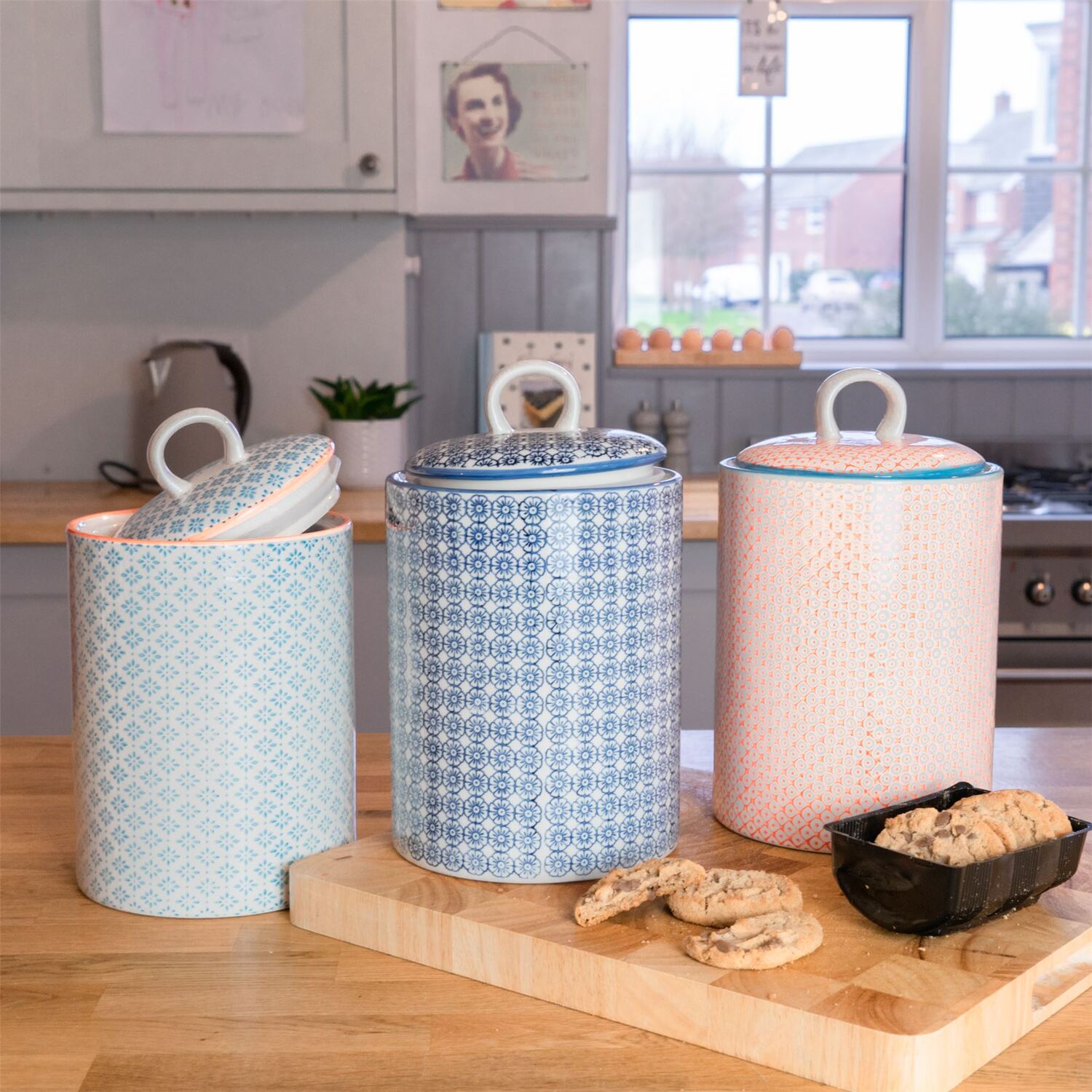 Nicola Spring Hand-Printed Kitchen Canisters - 15.5cm - Pack of 3