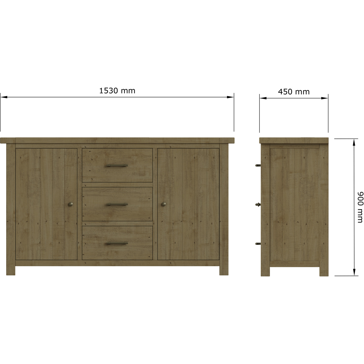Solid Reclaimed Natural Pine 2 Door 3 Drawer Large Sideboard