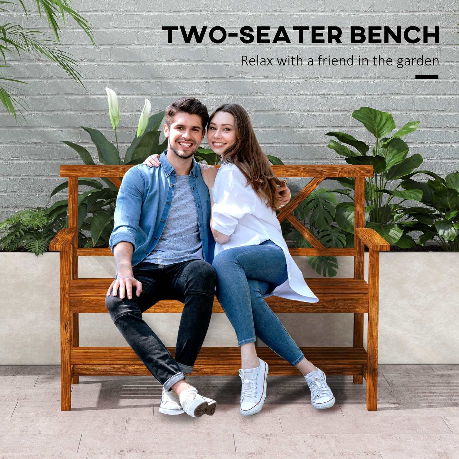 2-Seater Garden Bench with Storage Shelf Backrest Slat Seat Armrests