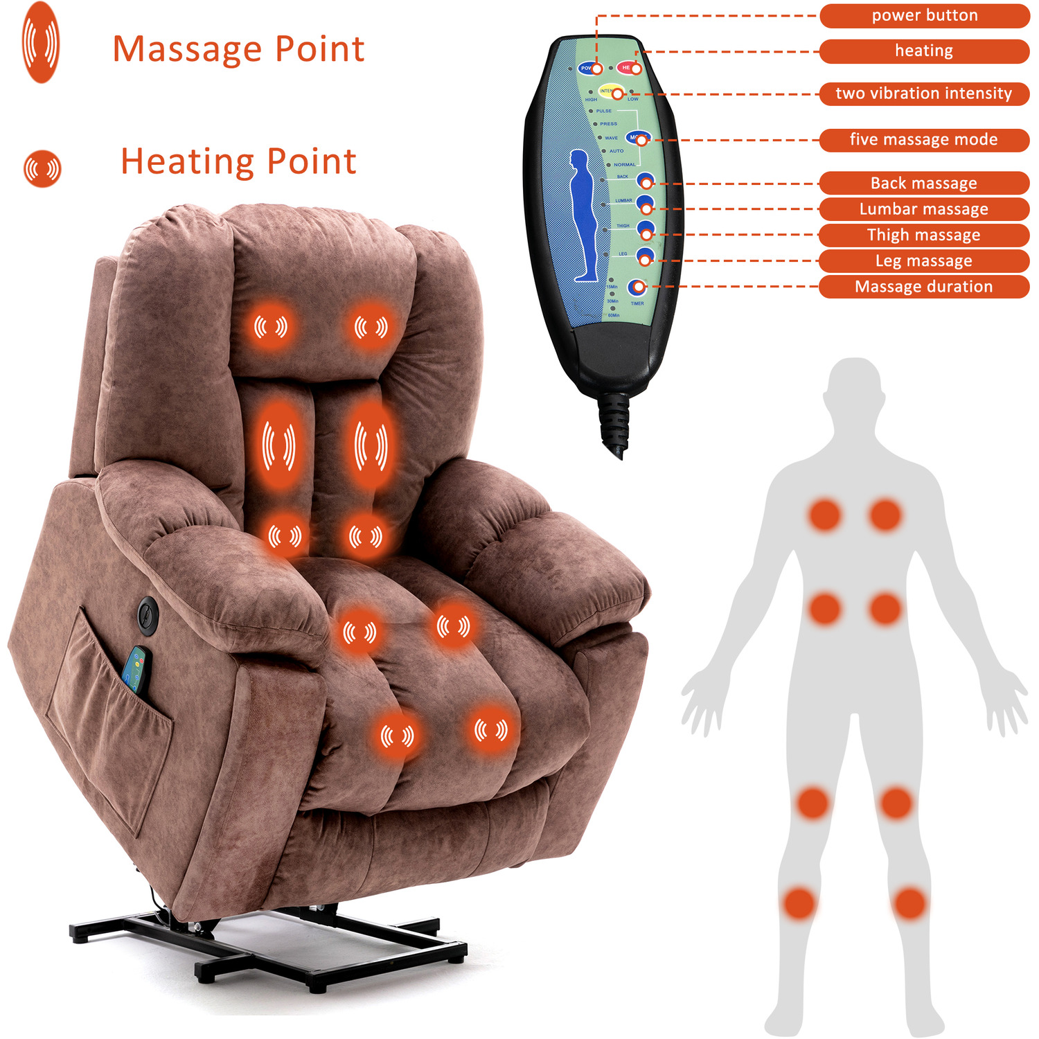 Fabric Electric Power Lift Recliner Chair with Heat and Vibration