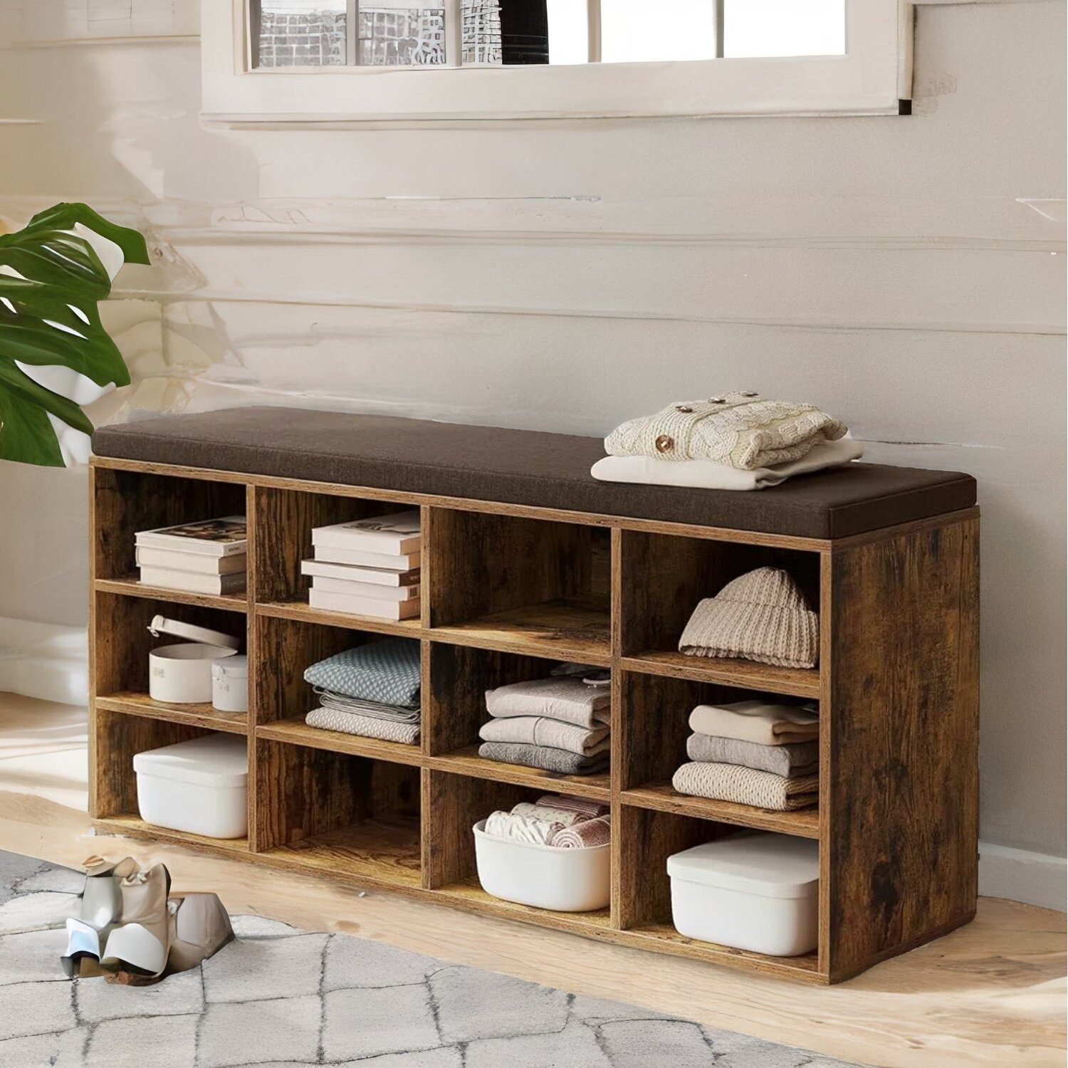 91CM Wide Shoe Storage Bench With Cushioned Seat Drawer