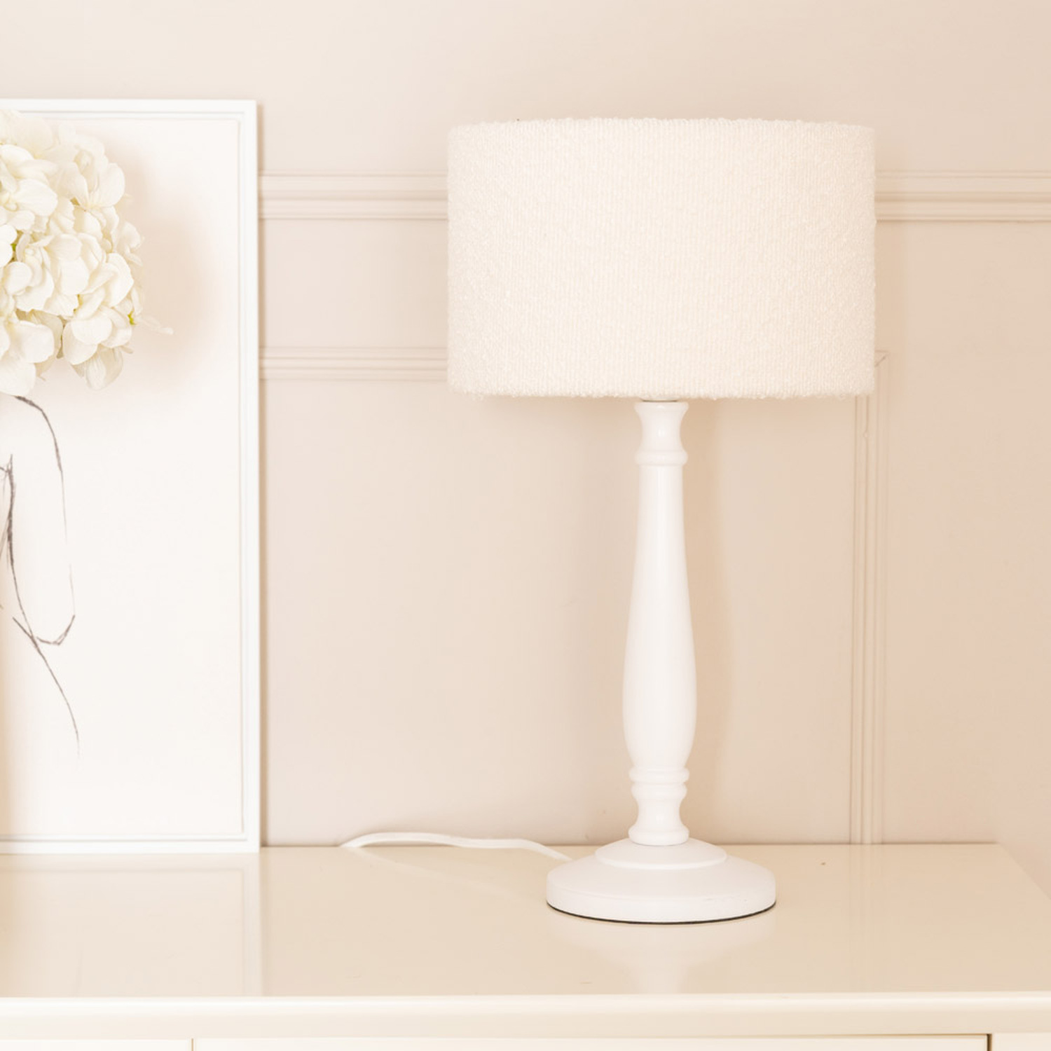 Victoria Candlestick White Wood Table Lamp with Cream Boucle Drum Lamp ...
