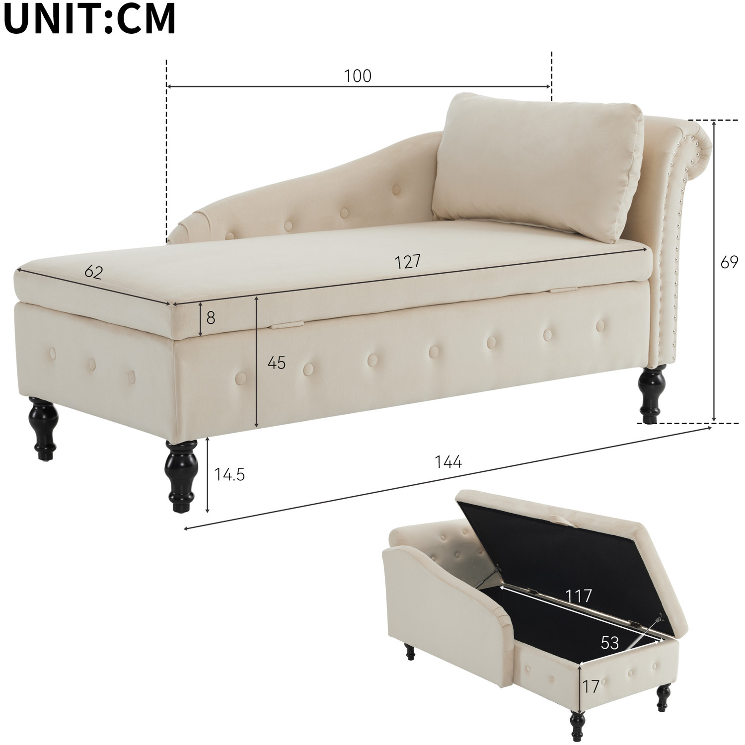 Velvet Chaise Lounge Sofa with Storage Upholstered Chaise lounge Couch