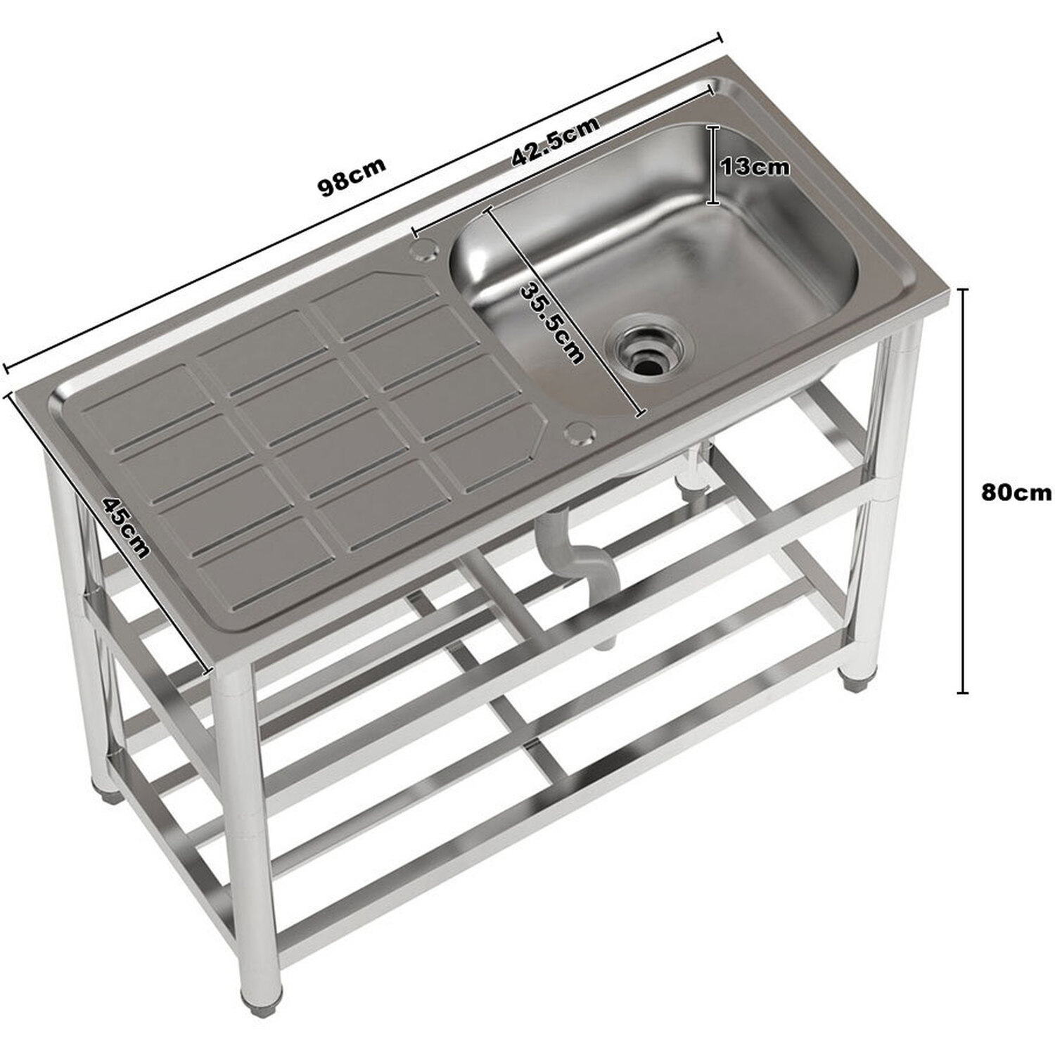 Commercial Kitchen Sink With Basin Drain Board Prep Table Double-deck Shelf
