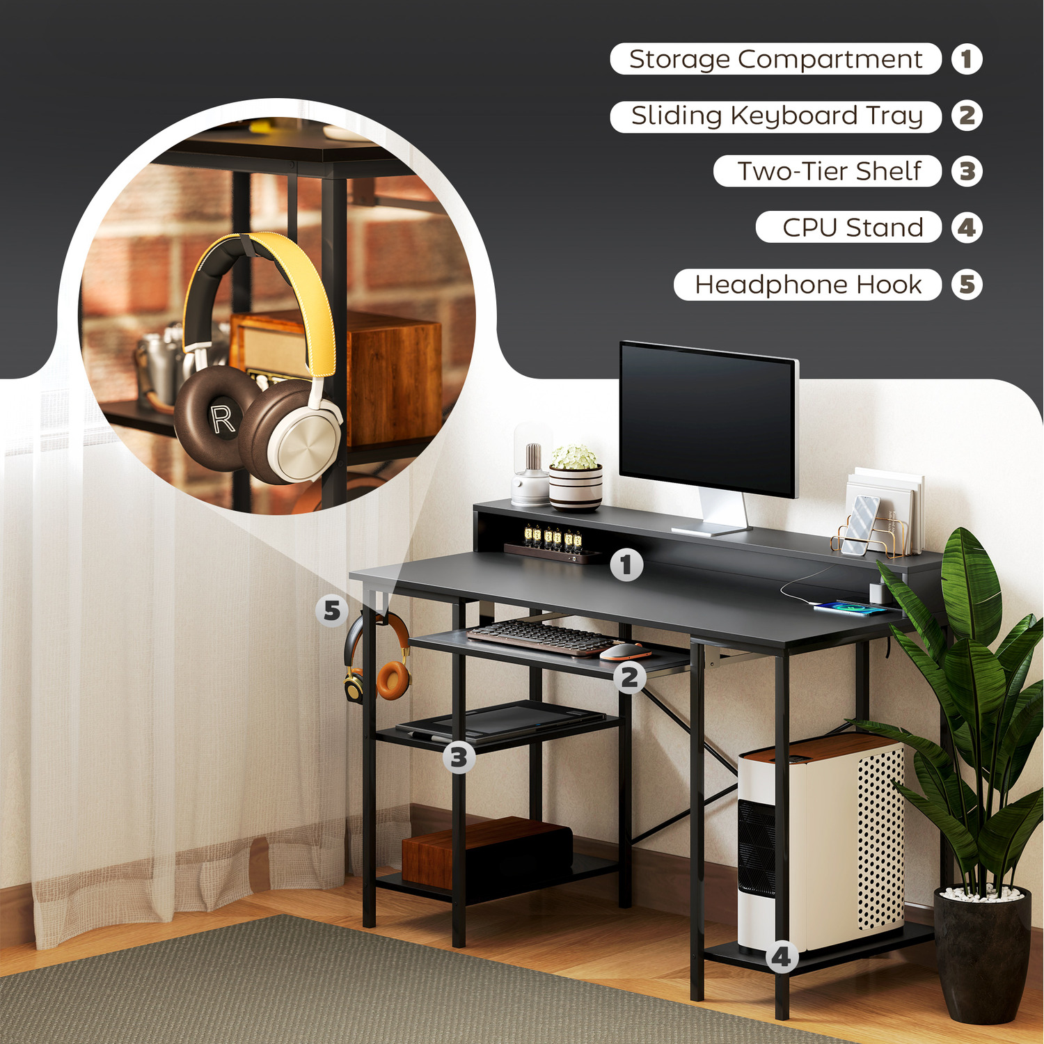 HOMCOM Computer Desk with LED Lights and Power Outlets 920-093V70RB