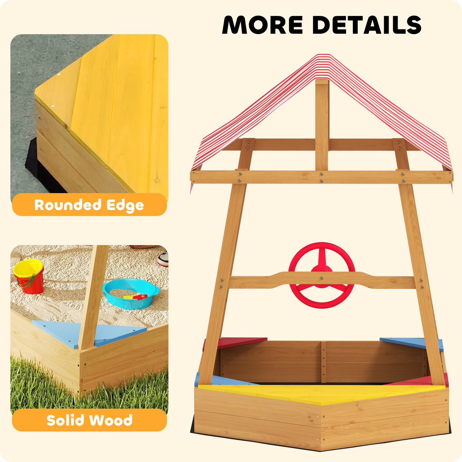 AIYAPLAY Kids Sandpit Boat Style with Canopy Seats Rudder Bottom Liner