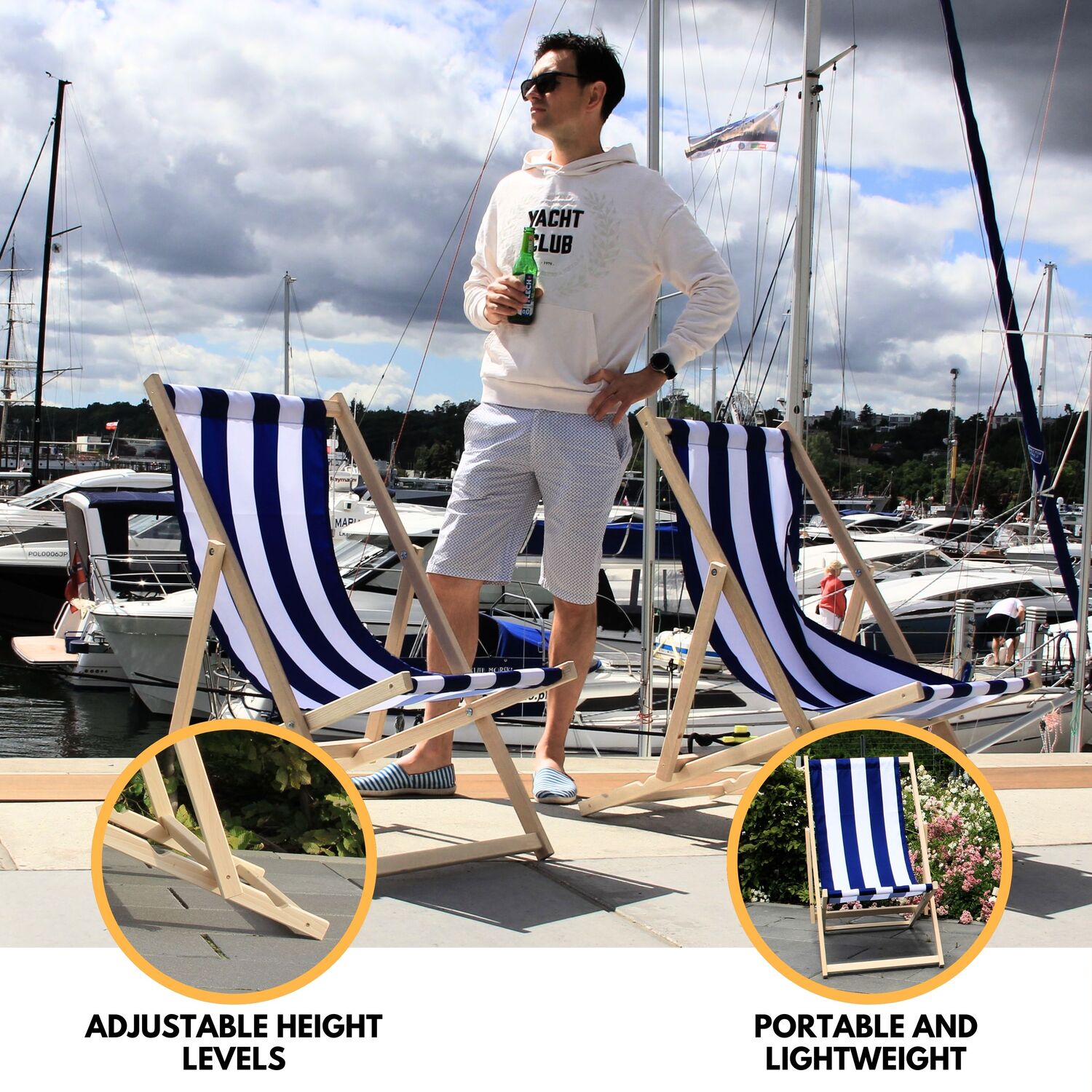 Traditional Folding Wooden Deck Chairs with Canvas Fabric