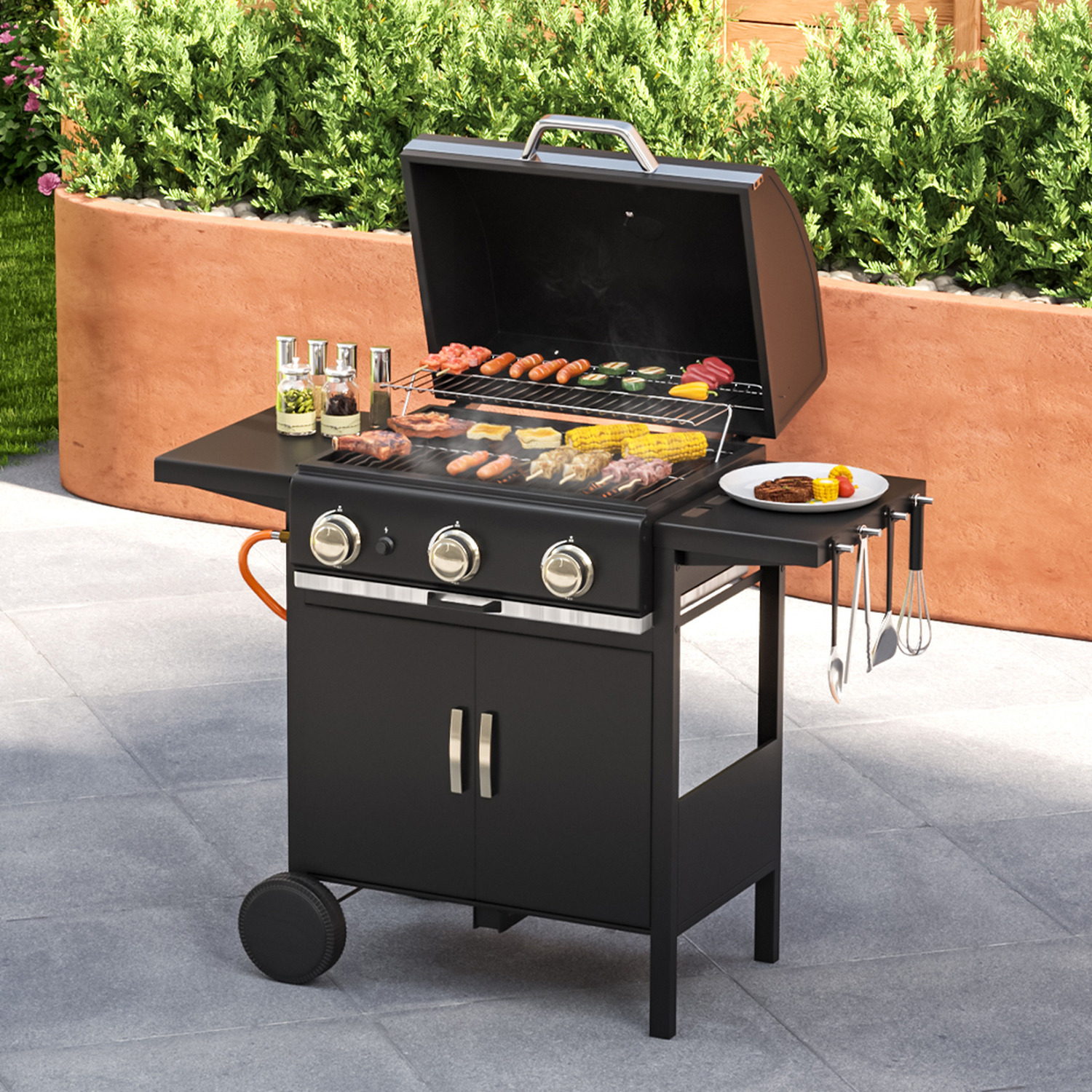 Outdoor Gas BBQ Grill Trolley With Side Shelf