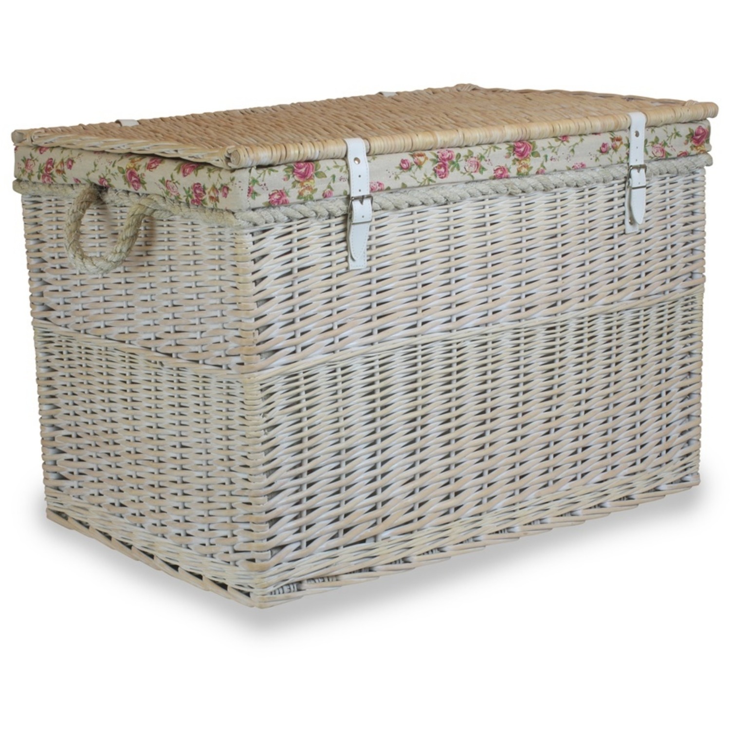 Large White Wash Finish Storage Wicker Basket