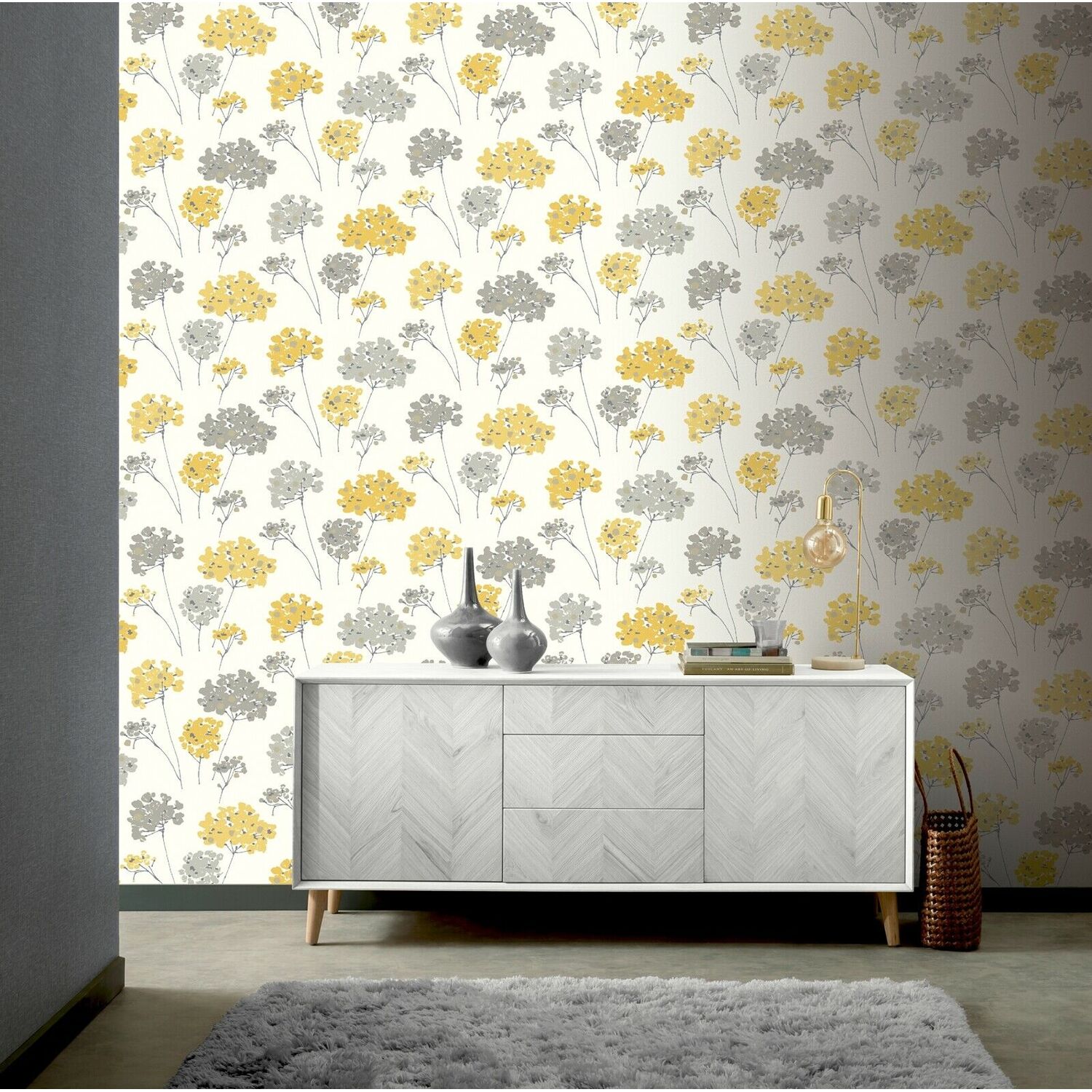 Arthouse Mustard Yellow Grey Metallic Silver White Floral Flower ...