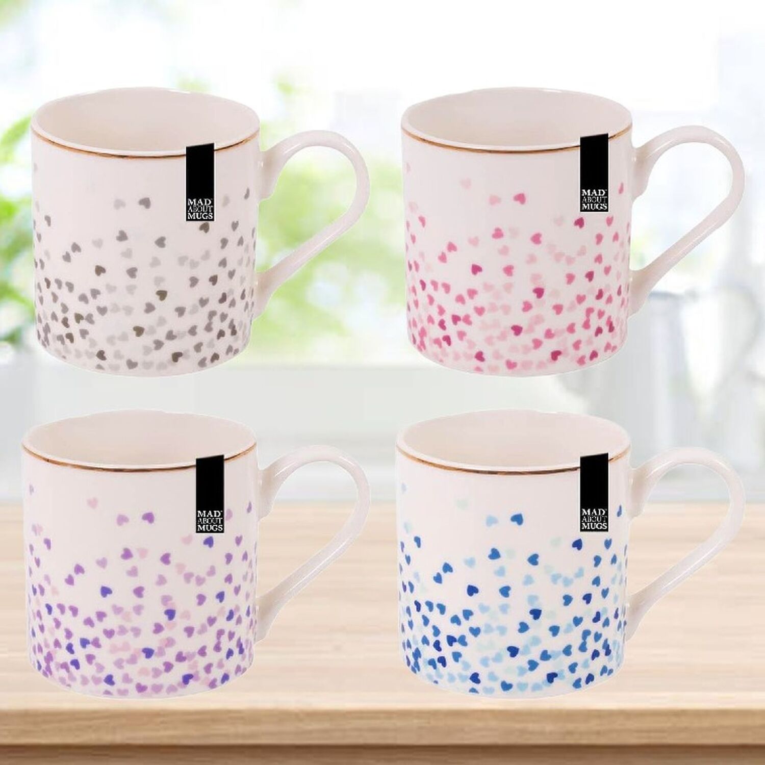 Set Of 4 Coloured Heart Print Mugs
