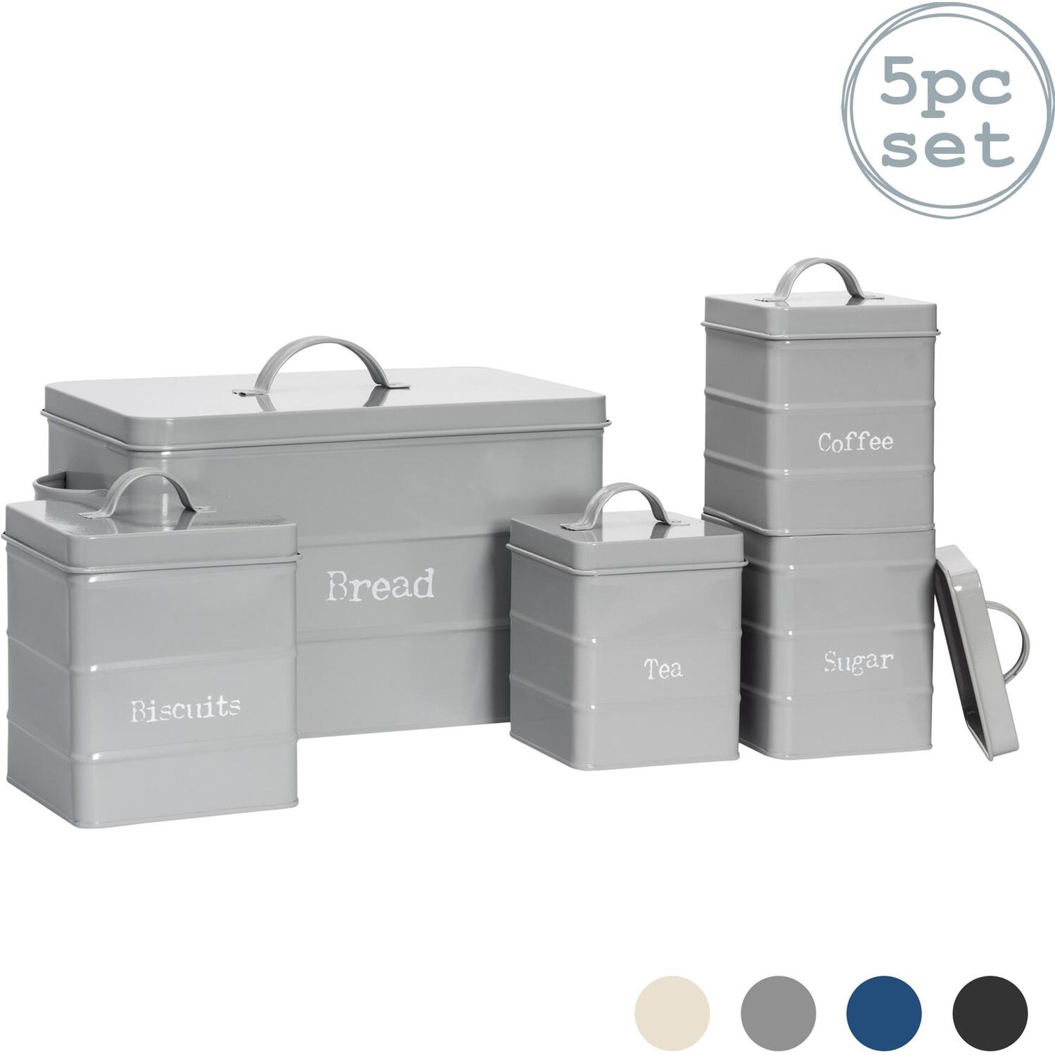 Harbour Housewares 5 Piece Vintage Metal Kitchen Canisters Set - Grey