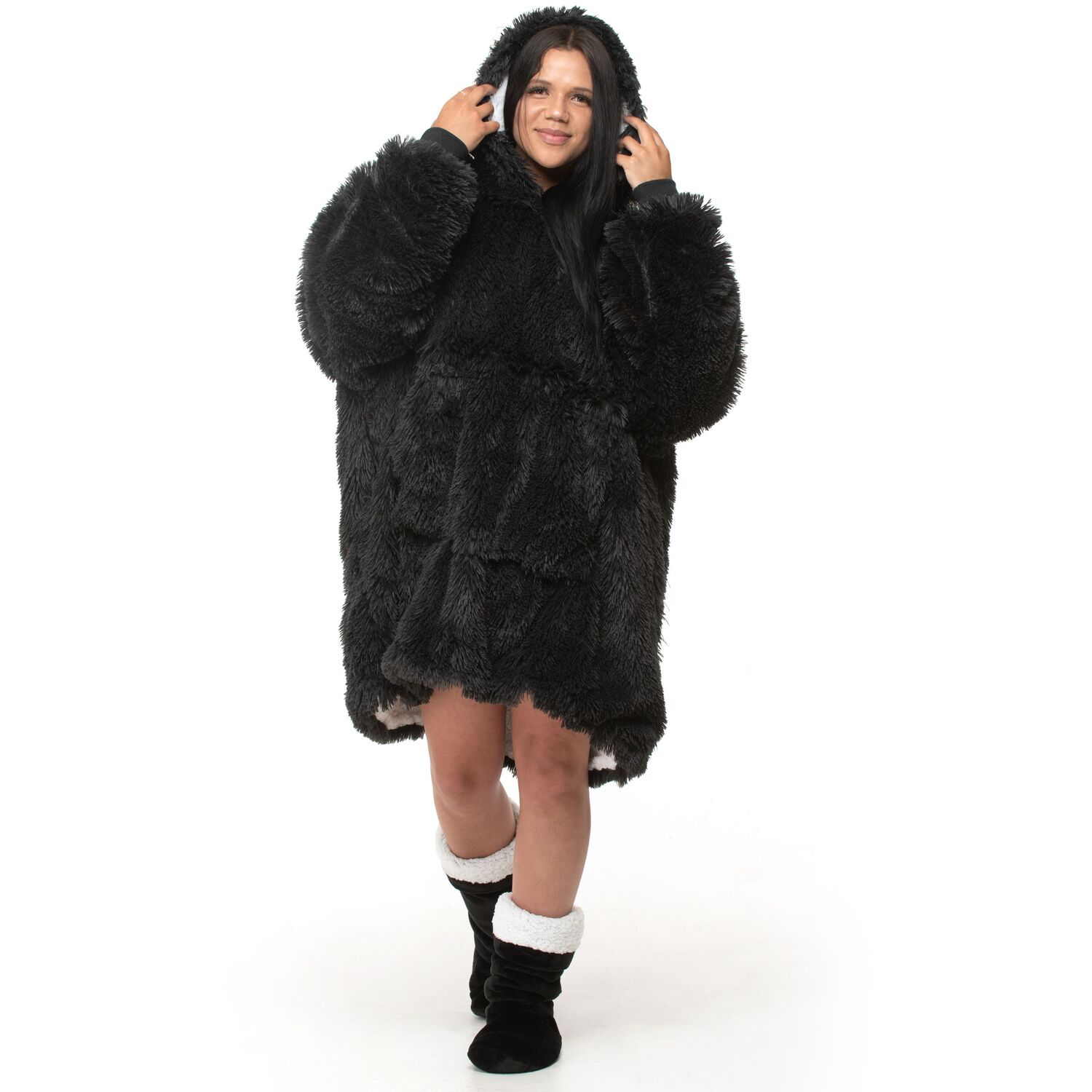 Snug Oversize Faux Fur Shaggy Thermal Hoodie Blanket Cosy with Pocket