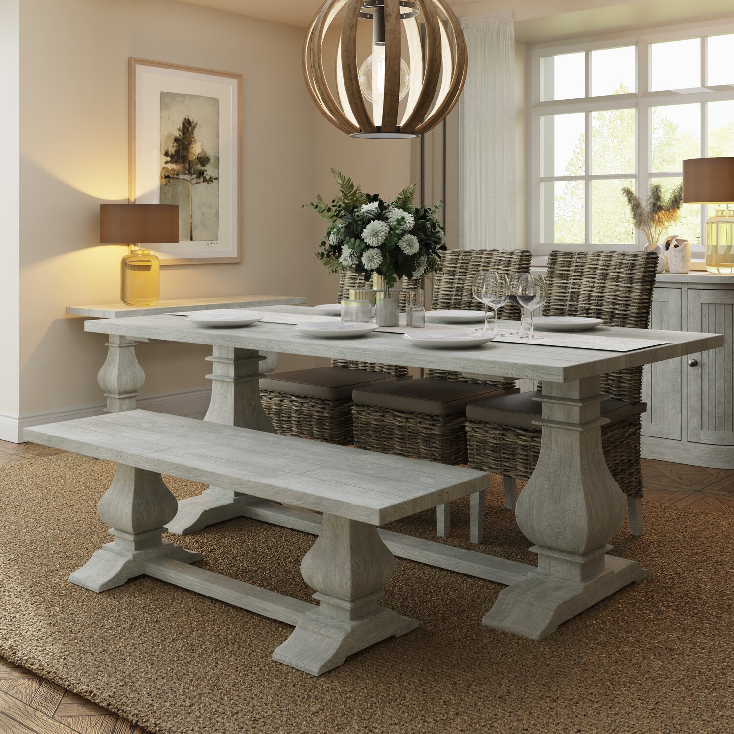 Solid Lime Washed Pine 1.5M Dining Bench