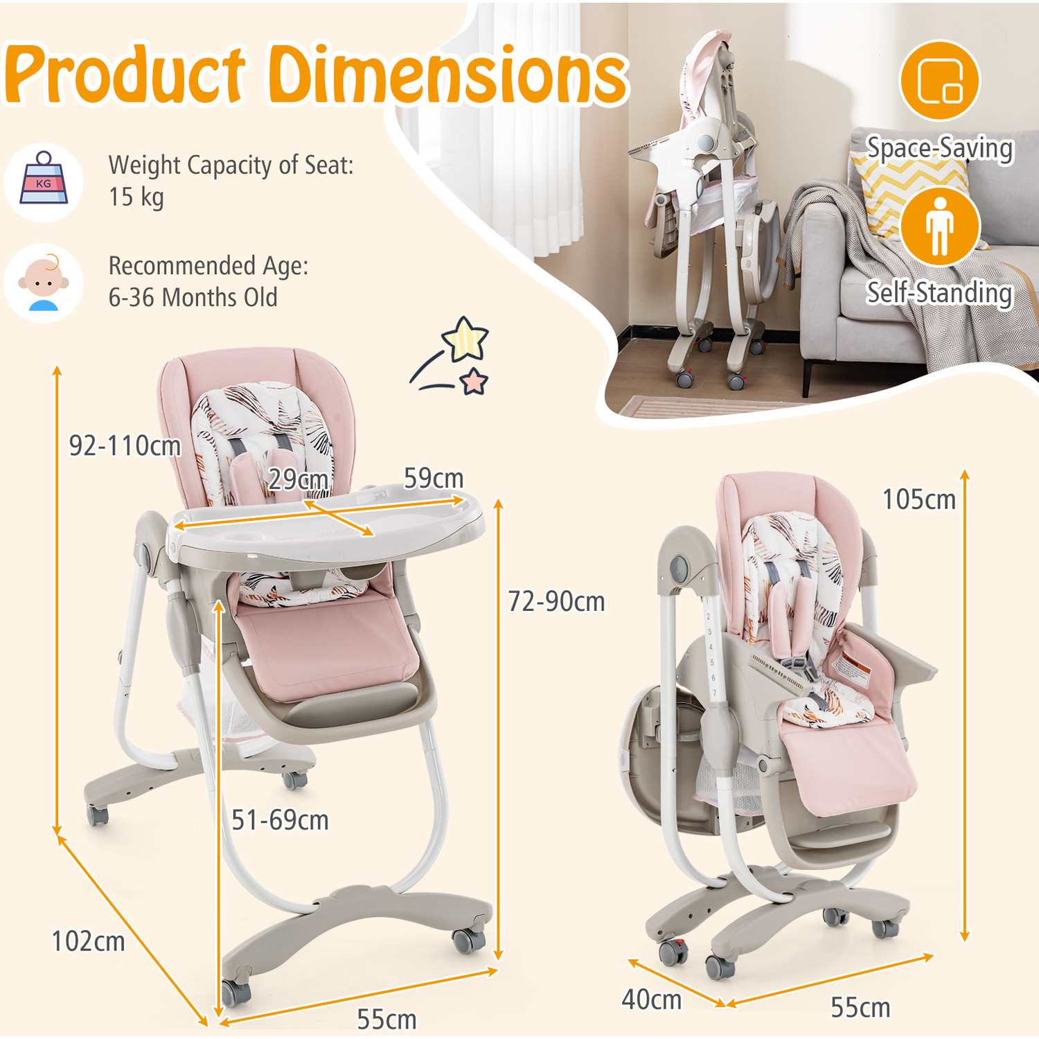 Folding Baby Highchair with Rolling Wheels