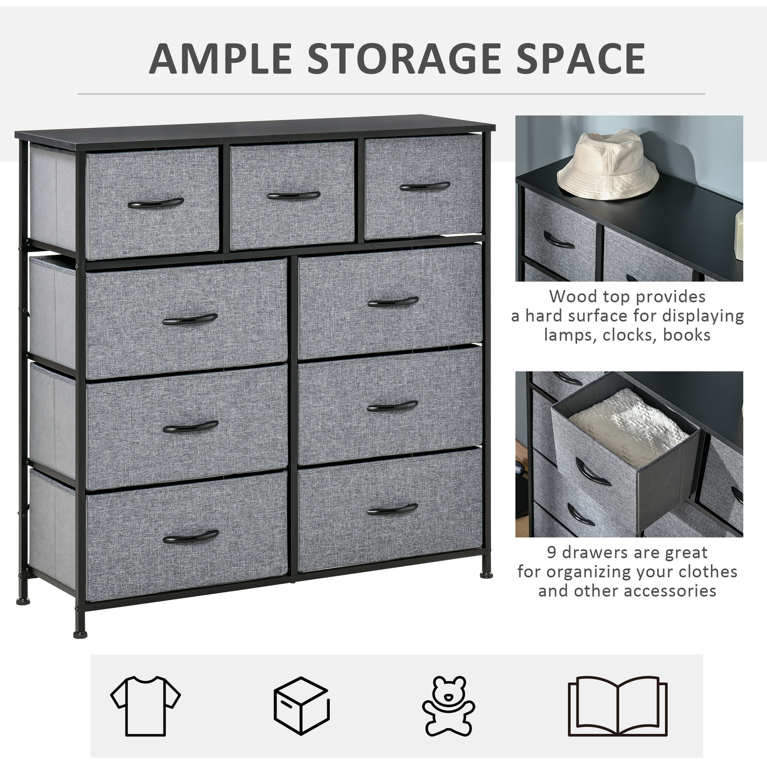HOMCOM Fabric Chest Dresser with Easy Pull Fabric Bins for Bedroom