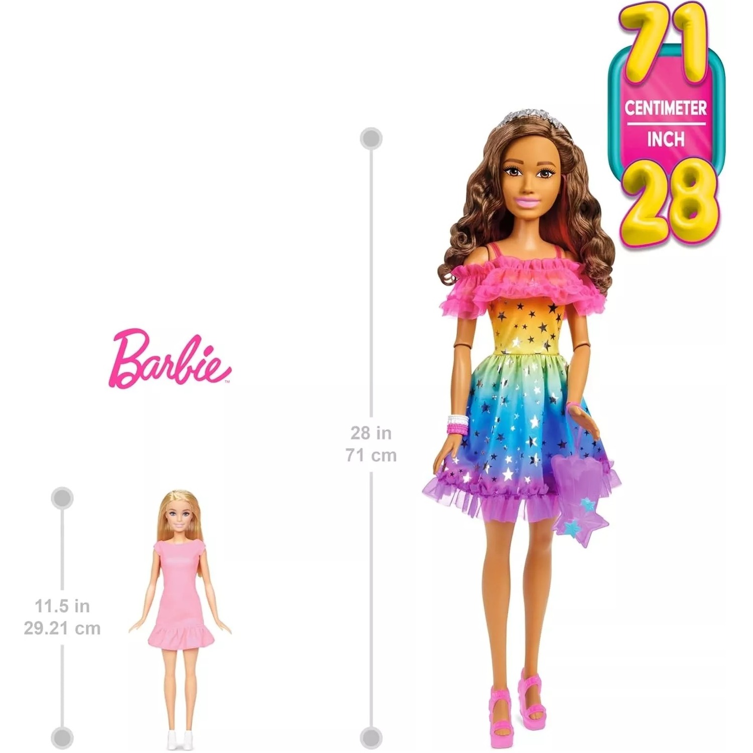 Barbie Large Doll with Brown Hair with Rainbow Dress