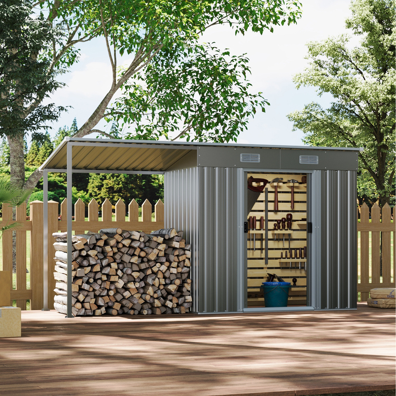Flat Roof Tool Shed with Canopy