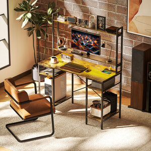 HOMCOM Computer Desk with Power Outlet and LED Lights 920-087V70RB