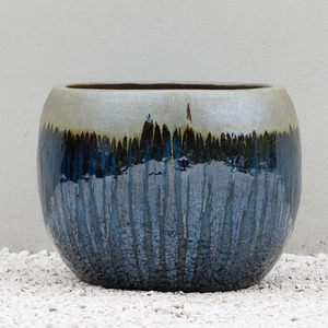 Glazed Round Outdoor Clay Planter in Two Tone Blue and Gold