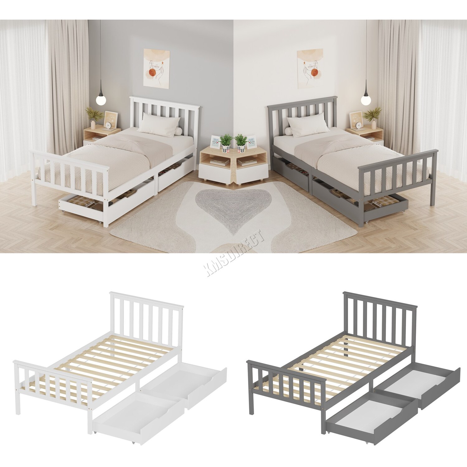 Wooden Single Bed Frame with Storage Drawer