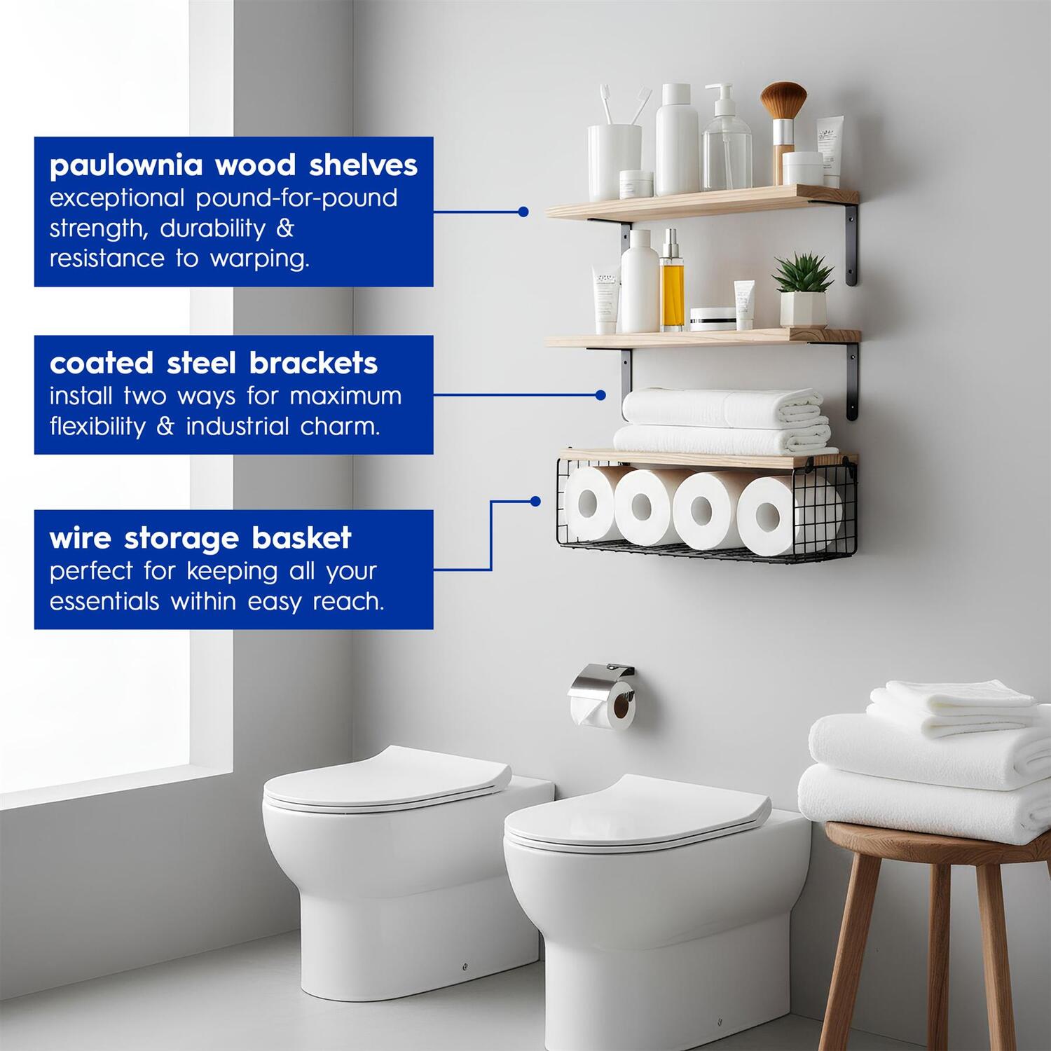 Set of 3 Rustic Wooden Bathroom Shelves with Wire Storage Basket