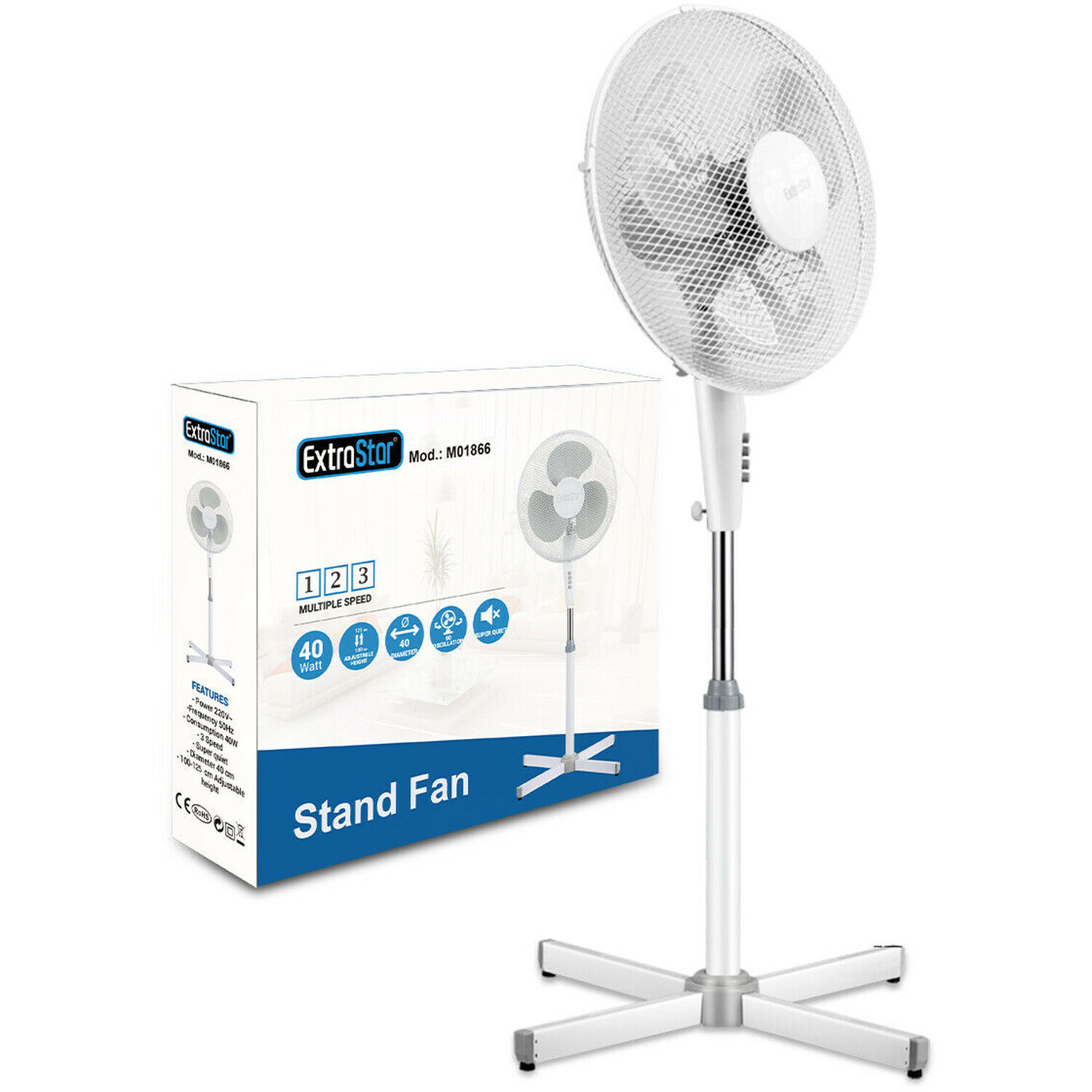 ExtraStar 16 inch Stand Fan, 3 Speed