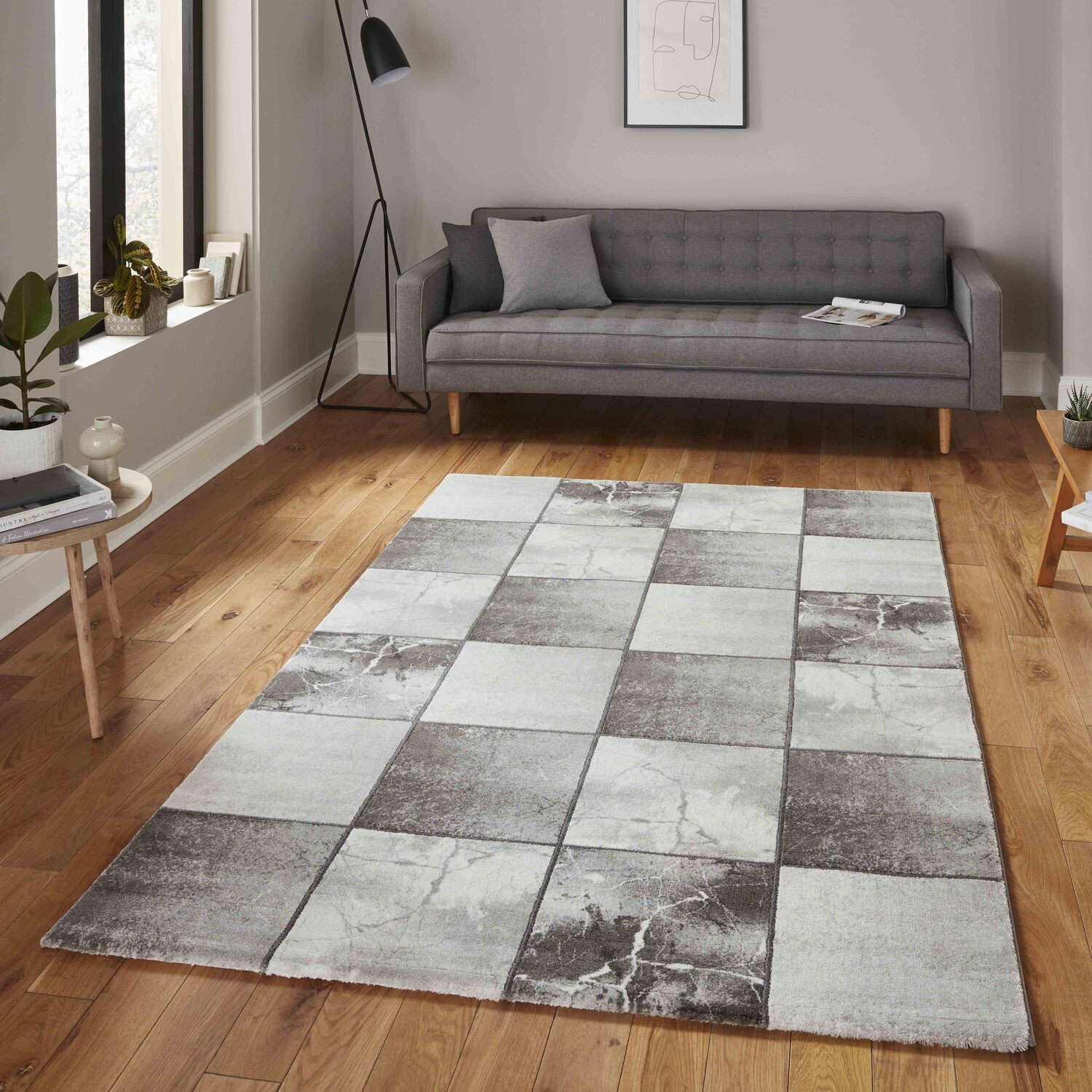 Ivory and Silver Textured Checked Area Rug