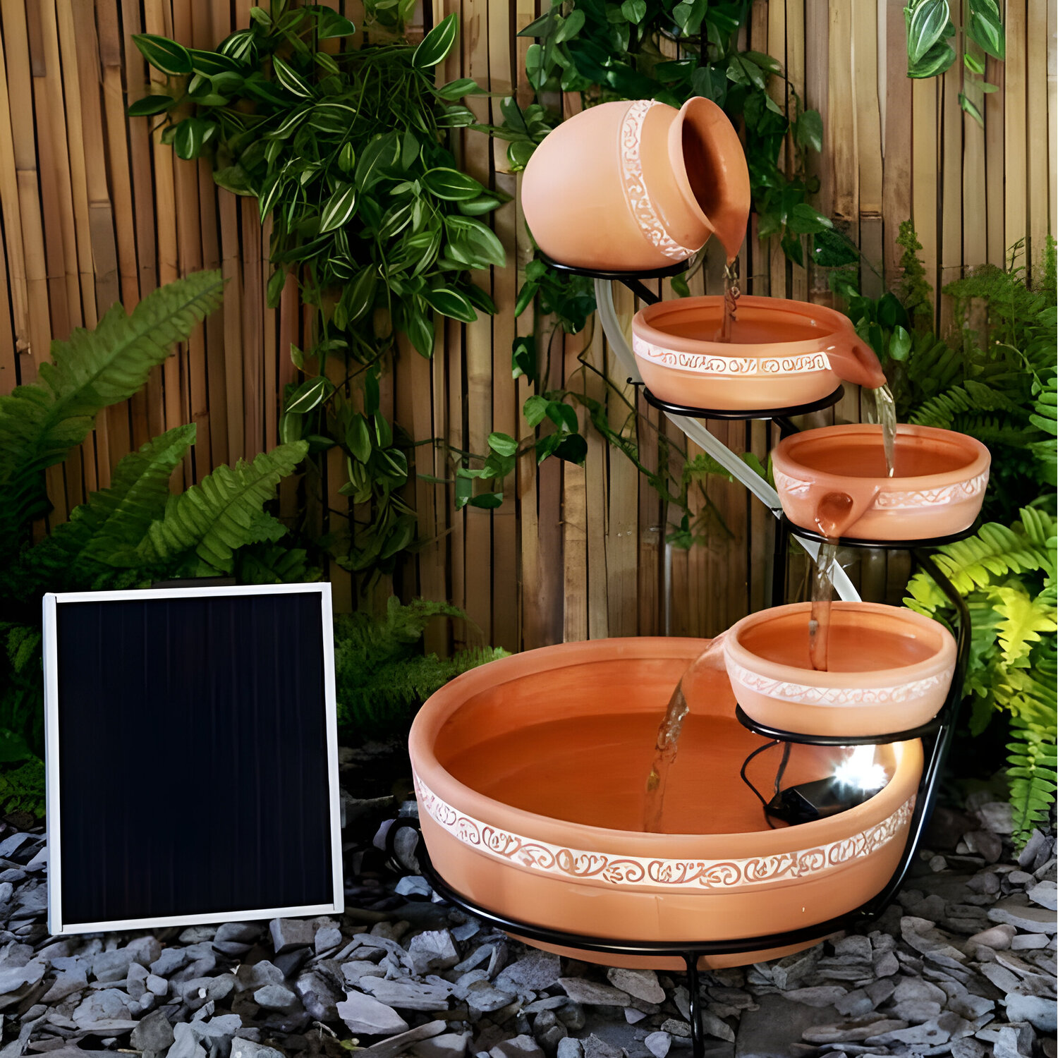 Primrose Ladonas Terracotta Solar Powered Water Feature Battery Backup ...