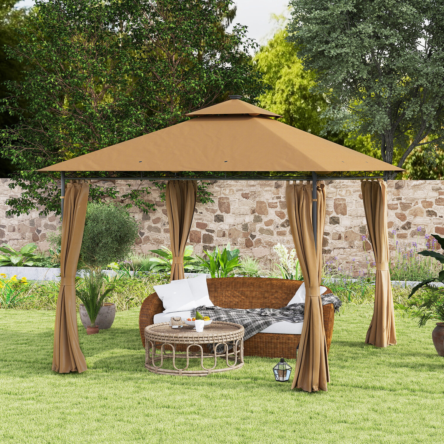 Outsunny 3 x 3 m Double Roof Garden Gazebo with Curtains