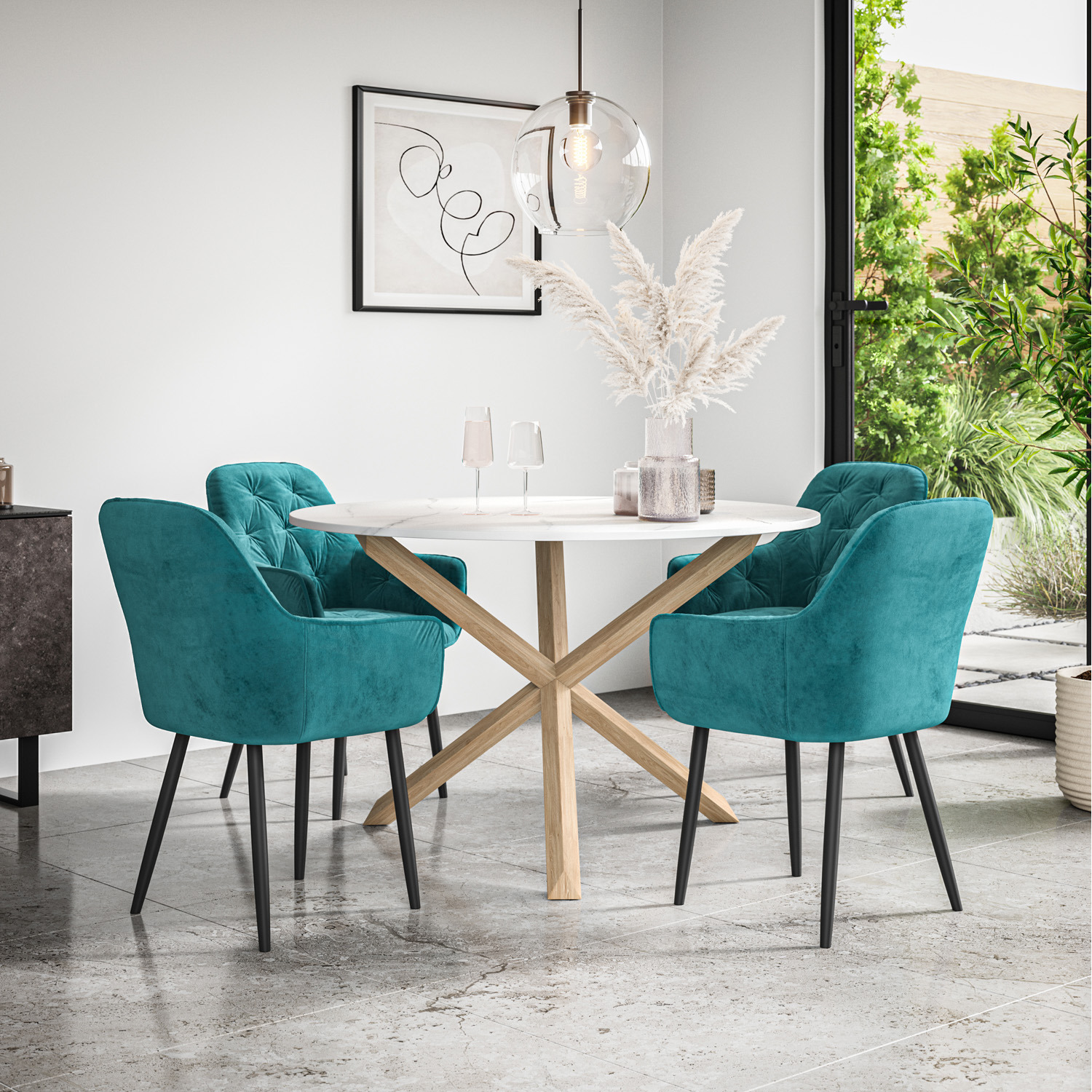 Malvern Round Marble Effect Dining Table Set w Oak Legs w 4 Anika ...